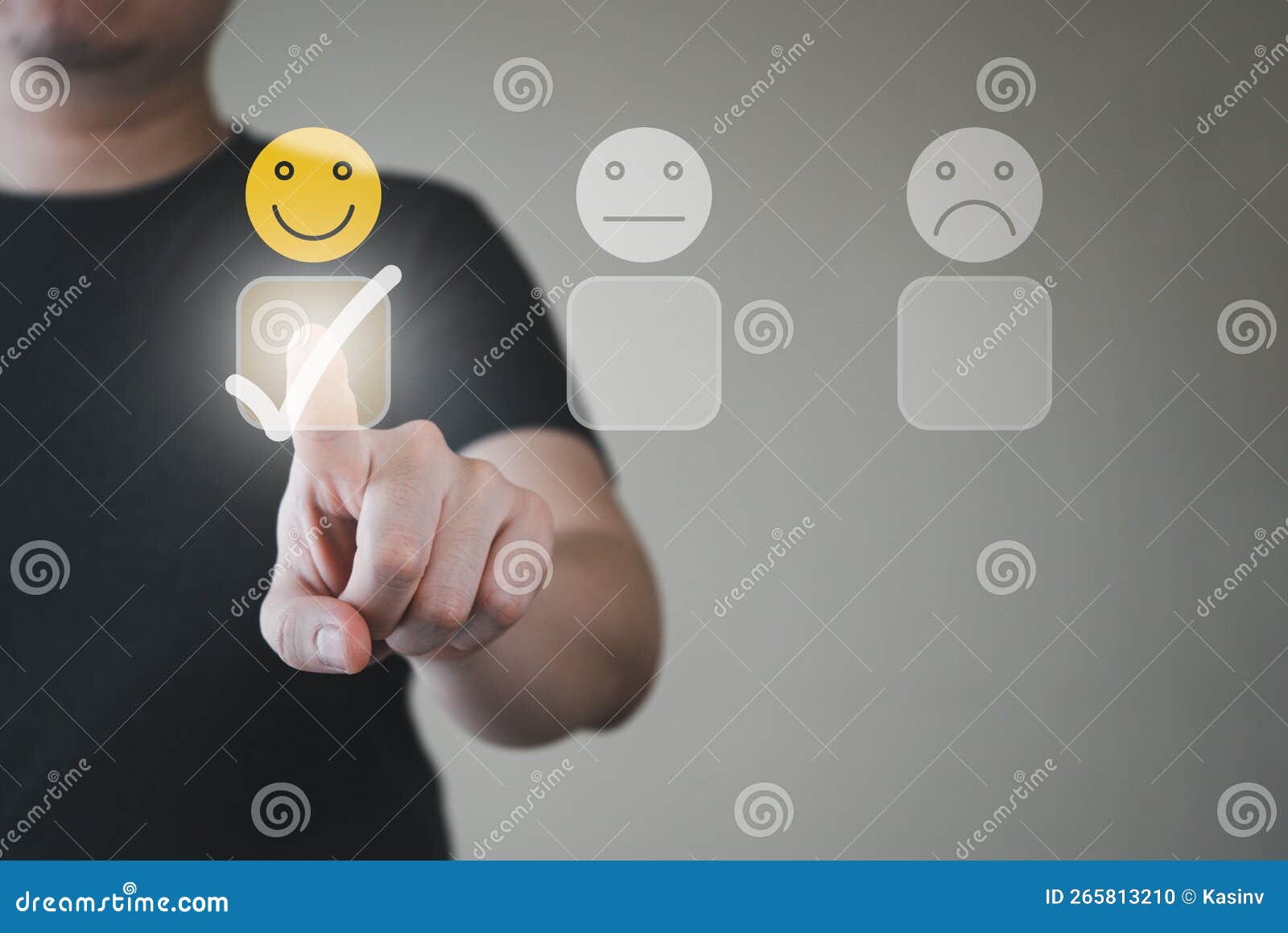Man Pressing Happy Smiley Face Emoticon Button on Virtual Touch Screen ...