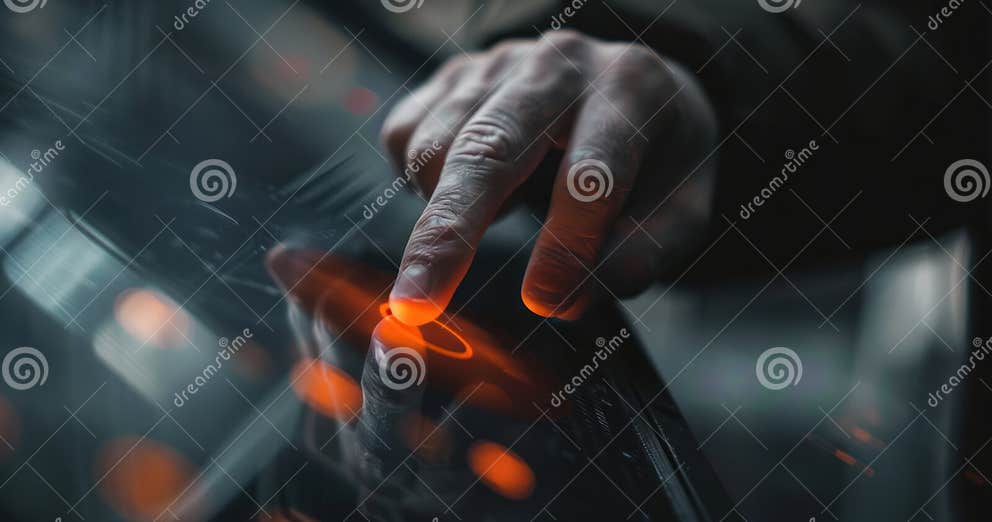 A Man Pressing His Finger on an Orange Button on a Computer Screen ...