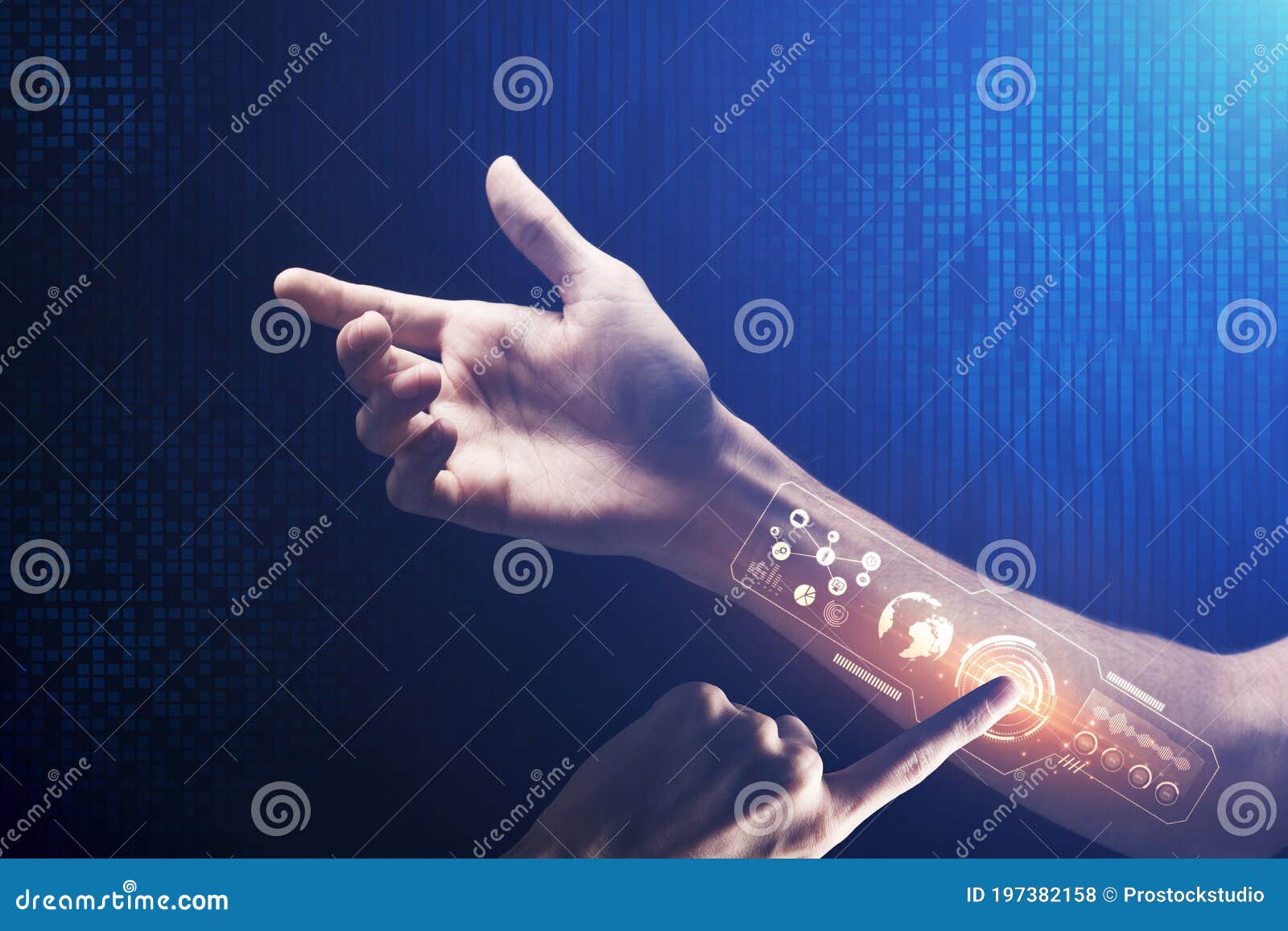 Man Pressing Key on Panel in His Hand, Blue Background Stock Photo ...