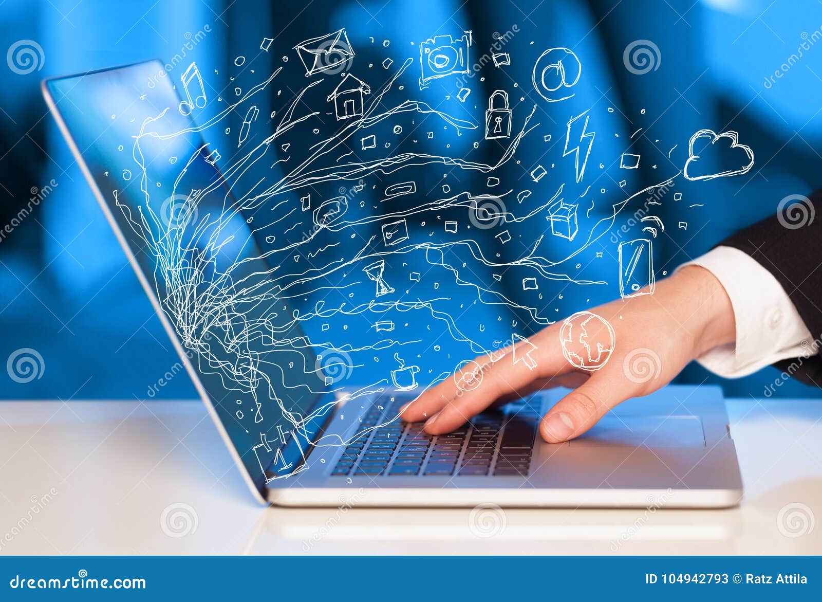 Man Pressing Notebook Laptop Computer with Doodle Icon Cloud Sym Stock ...