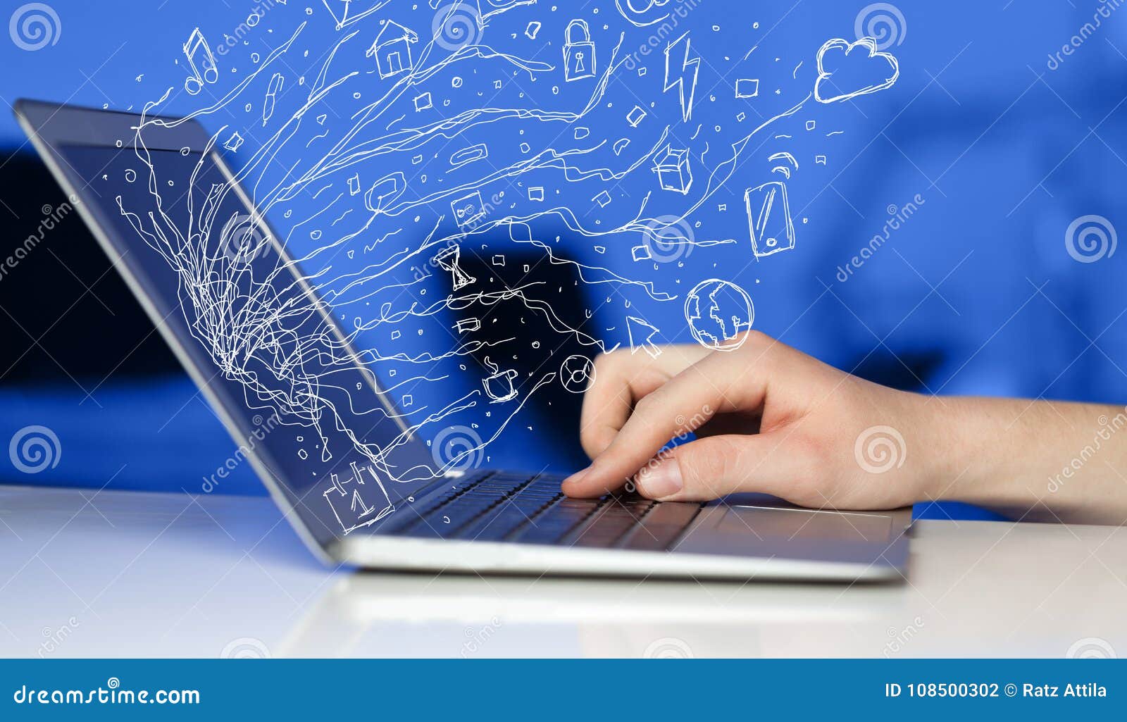 Man Pressing Notebook Laptop Computer with Doodle Icon Cloud Symbols ...
