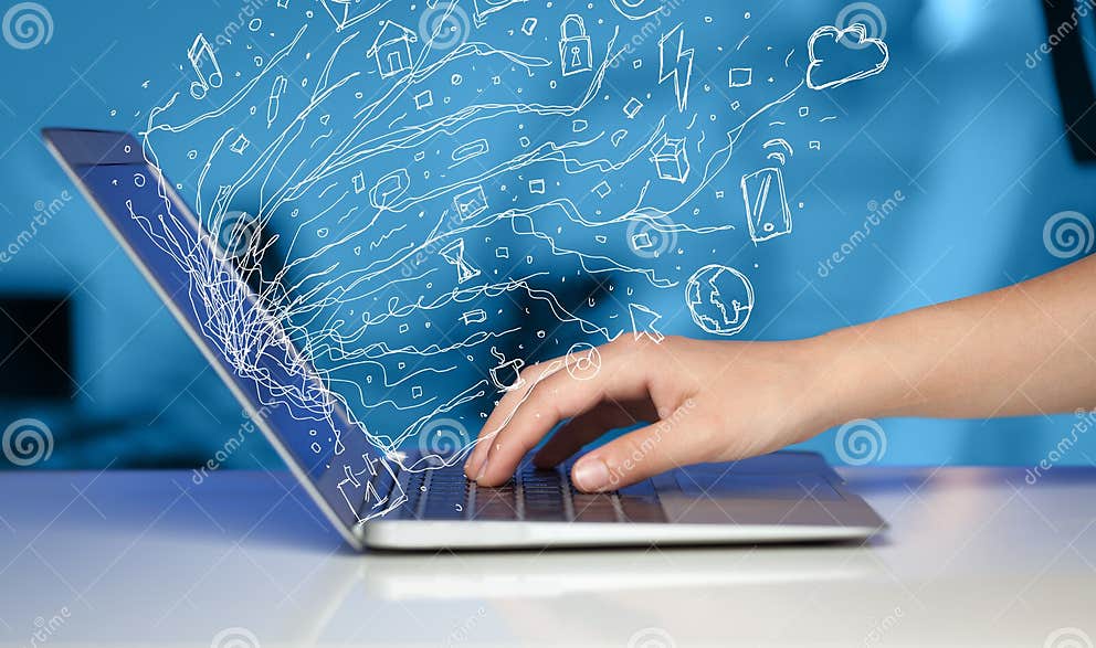 Man Pressing Notebook Laptop Computer with Doodle Icon Cloud Symbols ...