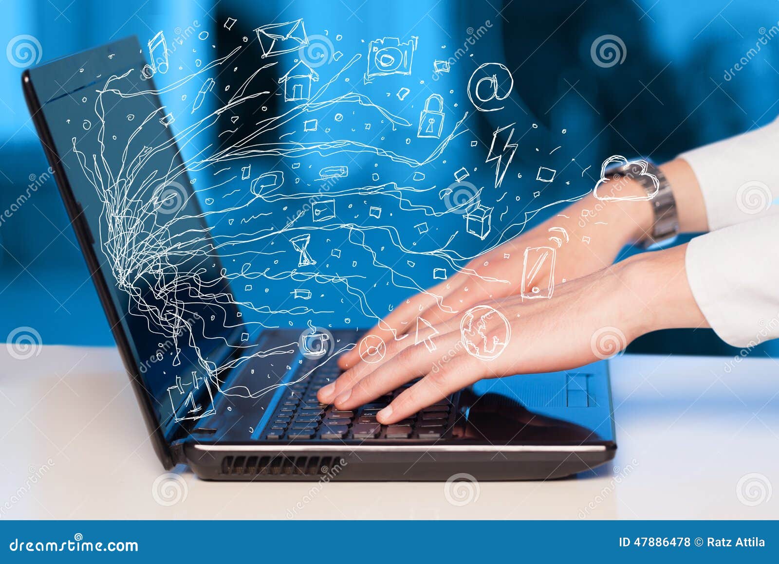 Man Pressing Notebook Laptop Computer with Doodle Icon Cloud Symbols ...