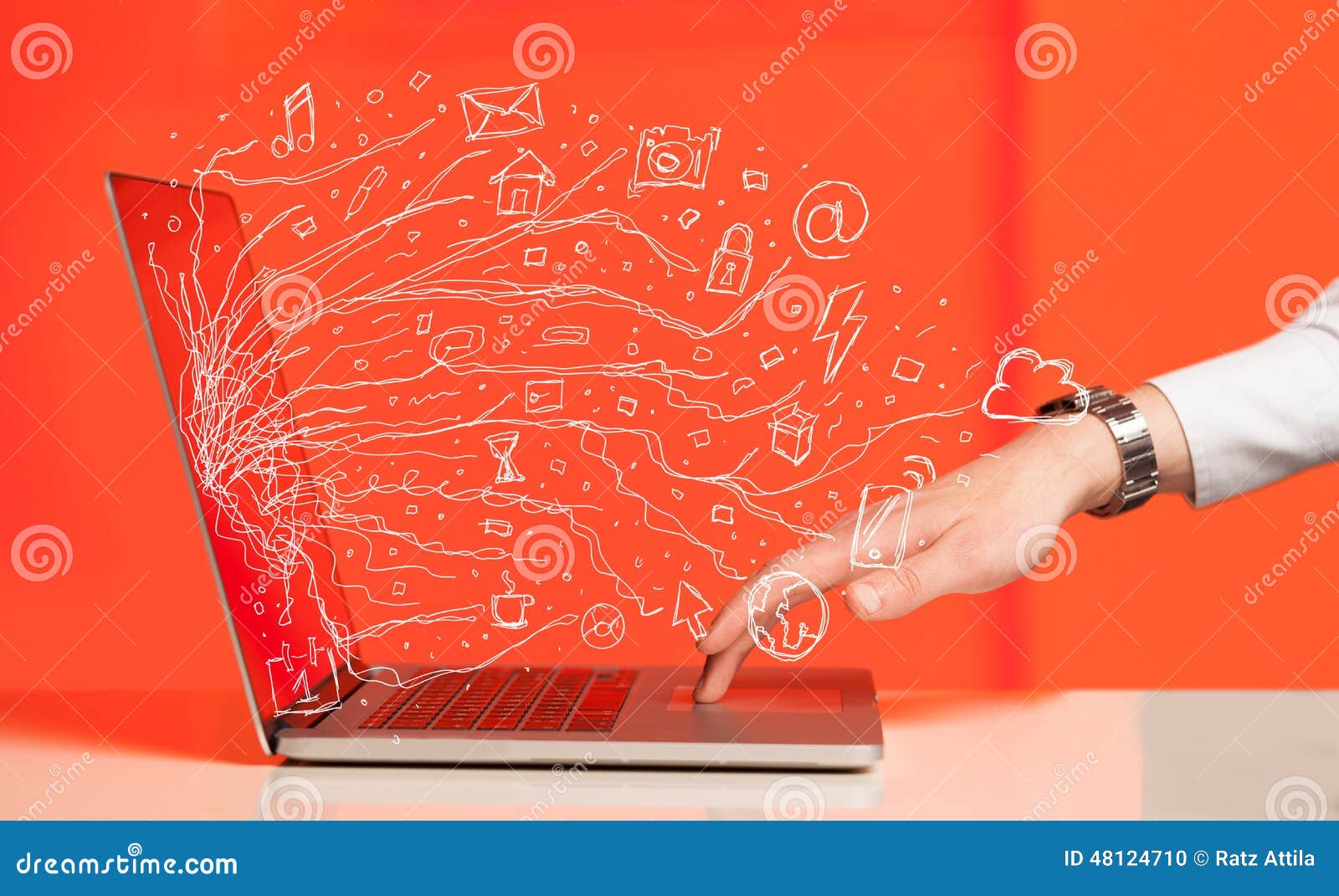 Man Pressing Notebook Laptop Computer with Doodle Icon Cloud Symbols ...