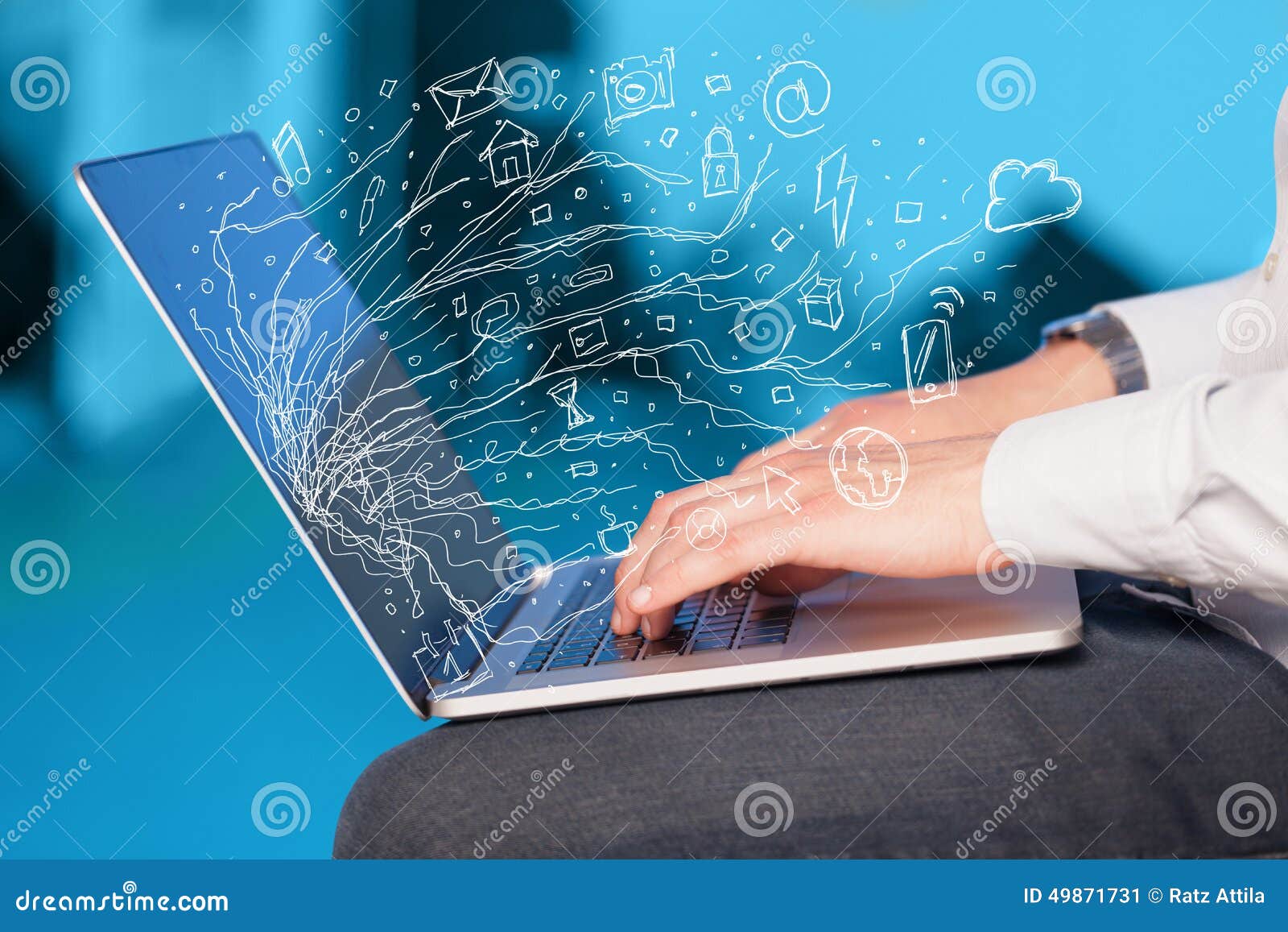 Man Pressing Notebook Laptop Computer with Doodle Icon Cloud Symbols ...