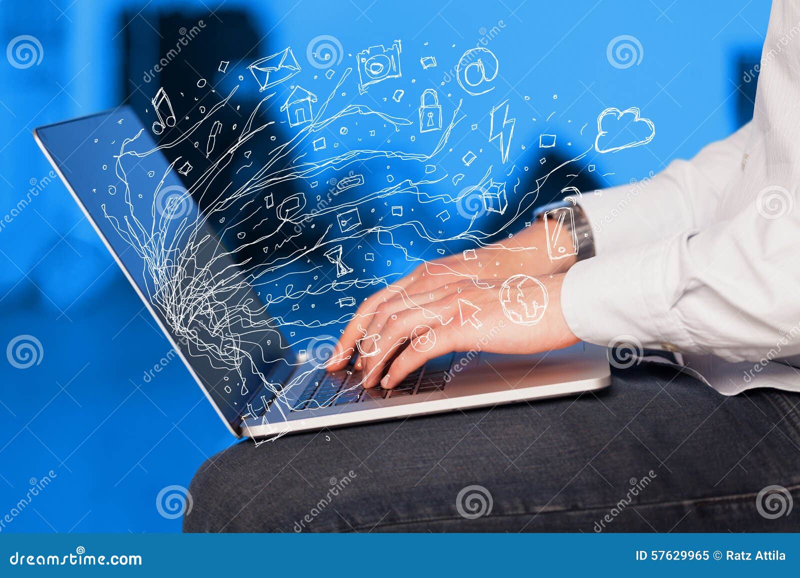 Man Pressing Notebook Laptop Computer with Doodle Icon Cloud Sym Stock ...