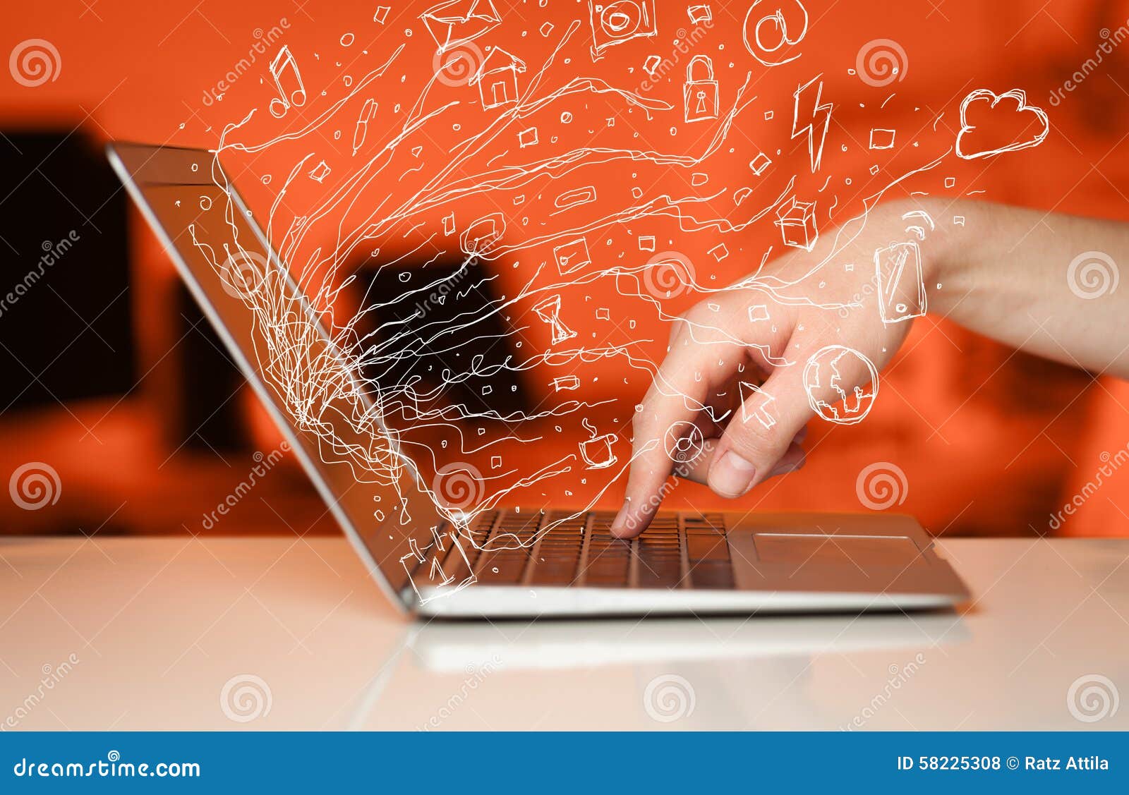 Man Pressing Notebook Laptop Computer with Doodle Icon Cloud Sym Stock ...