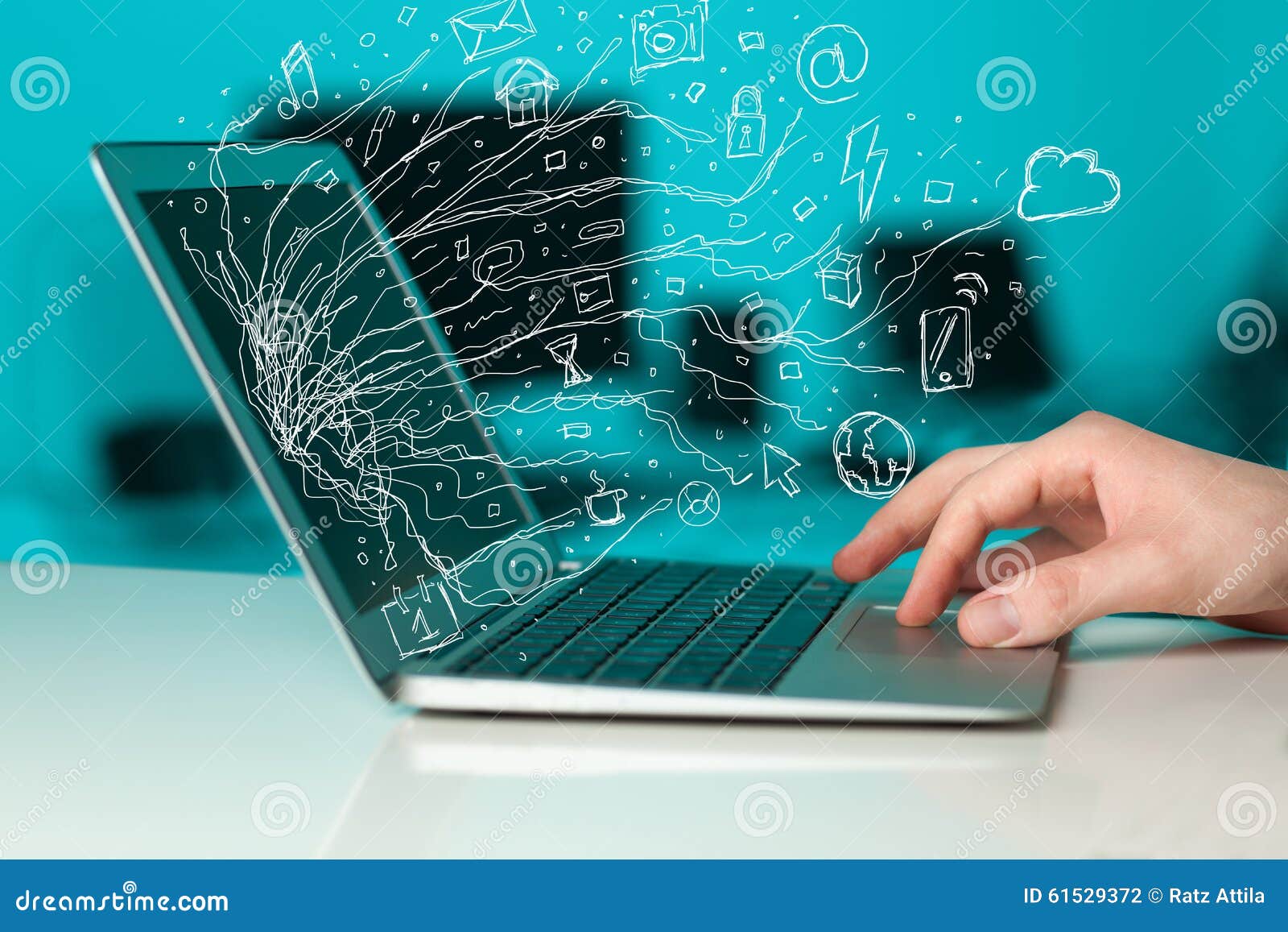 Man Pressing Notebook Laptop Computer with Doodle Icon Cloud Symbols ...