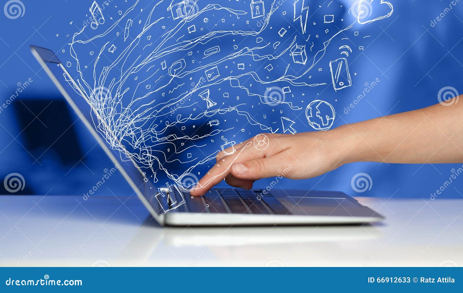 Man Pressing Notebook Laptop Computer with Doodle Icon Cloud Symbols ...
