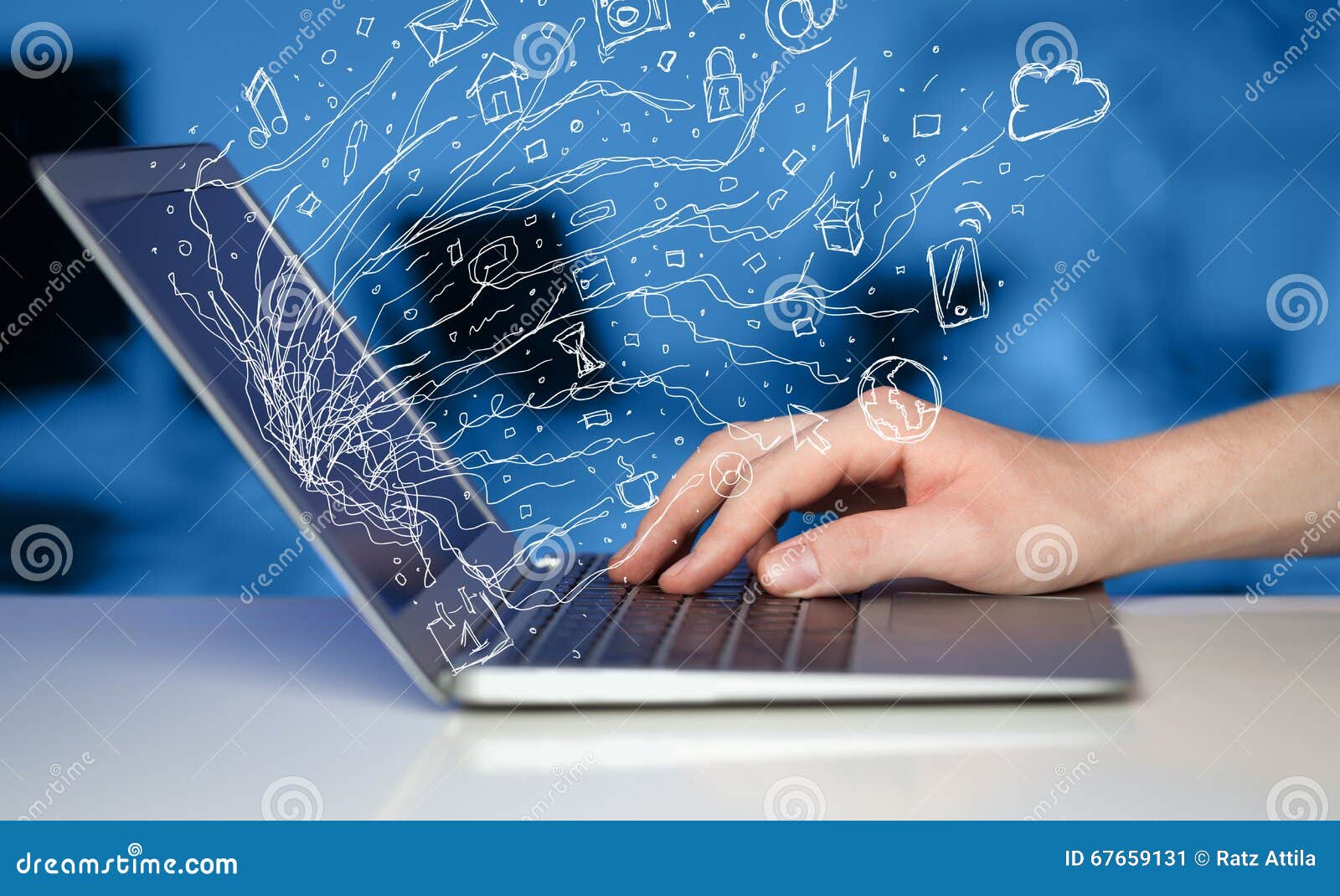 Man Pressing Notebook Laptop Computer with Doodle Icon Cloud Symbols ...
