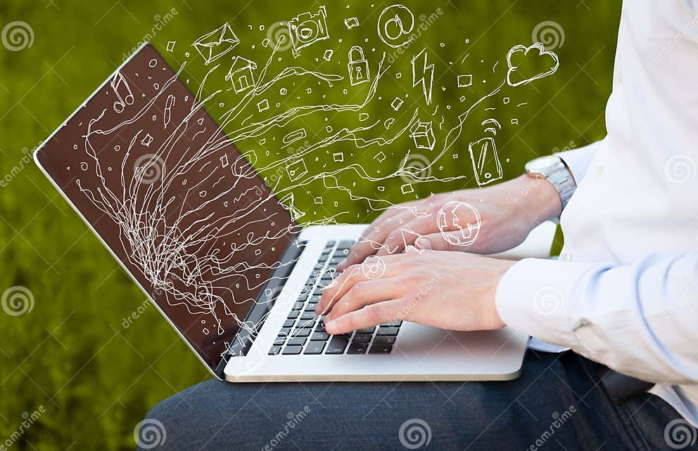 Man Pressing Notebook Laptop Computer with Doodle Icon Cloud Symbols ...