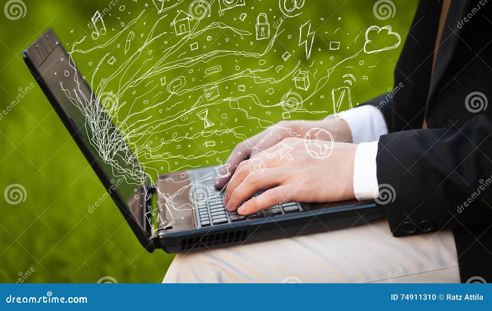 Man Pressing Notebook Laptop Computer with Doodle Icon Cloud Symbols ...