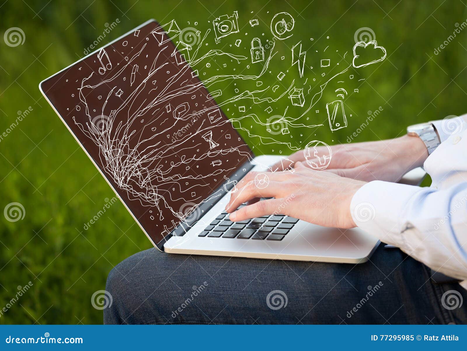 Man Pressing Notebook Laptop Computer with Doodle Icon Cloud Symbols ...