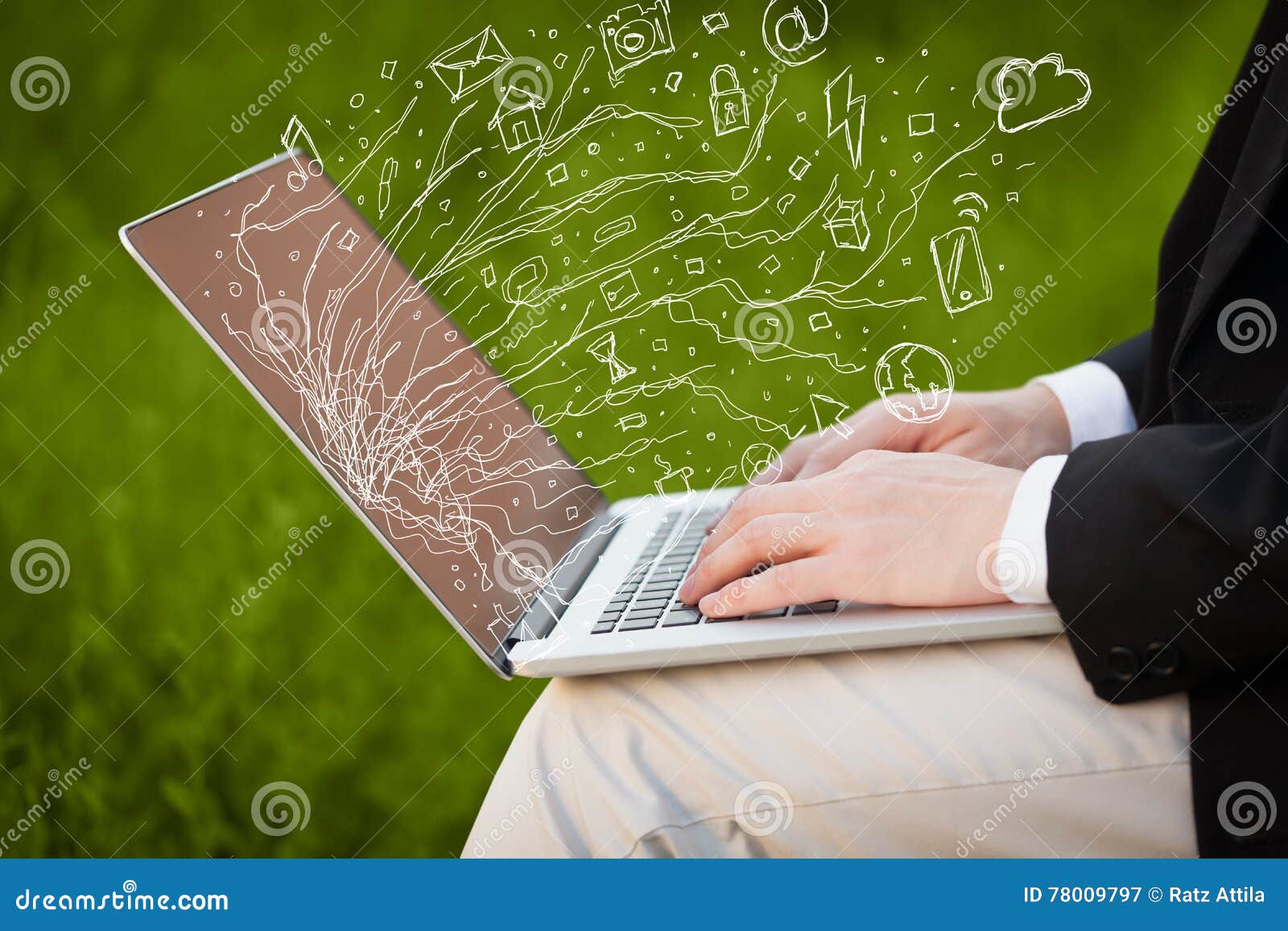 Man Pressing Notebook Laptop Computer with Doodle Icon Cloud Symbols ...