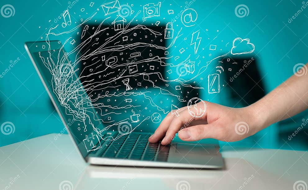 Man Pressing Notebook Laptop Computer with Doodle Icon Cloud Symbols ...