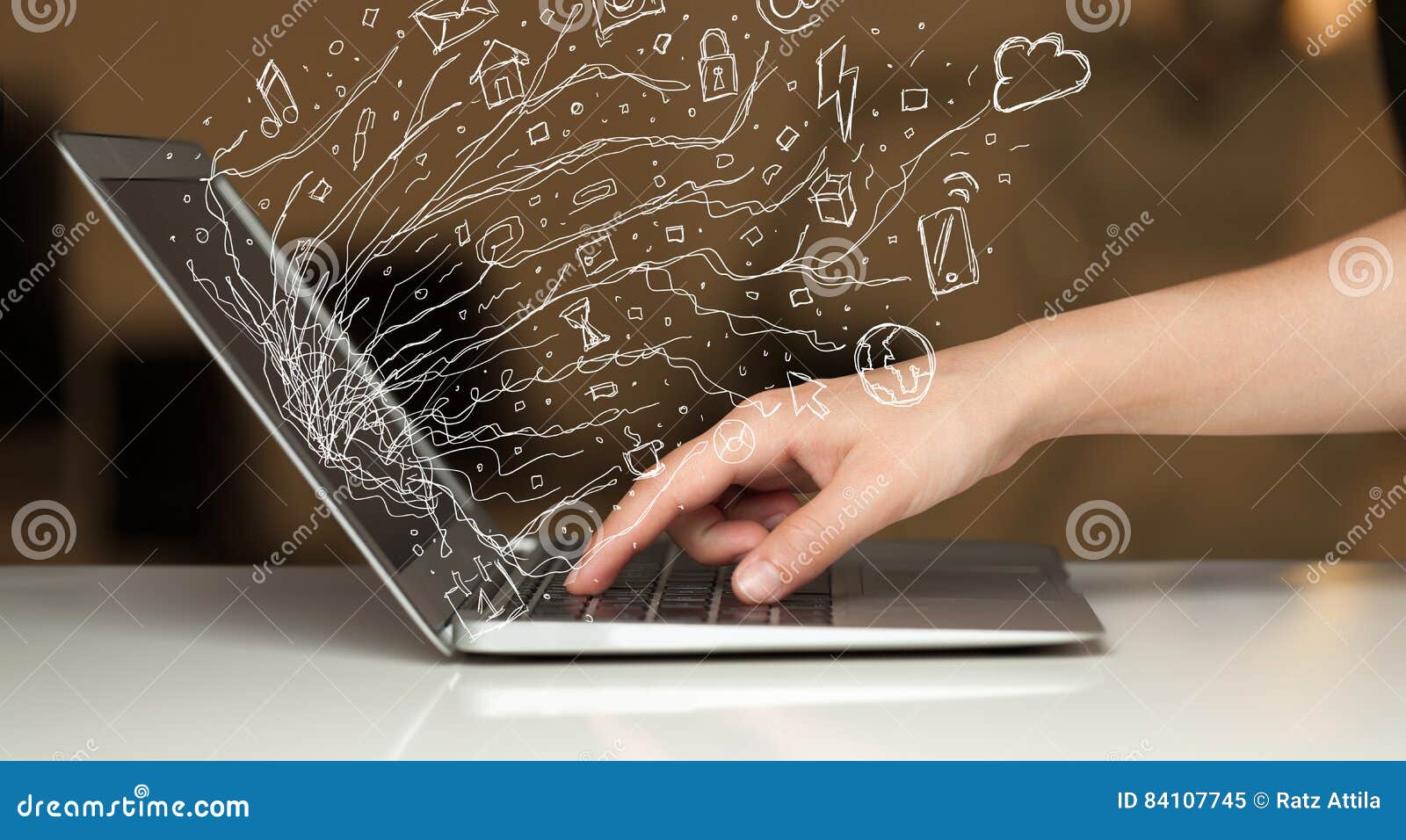 Man Pressing Notebook Laptop Computer with Doodle Icon Cloud Symbols ...