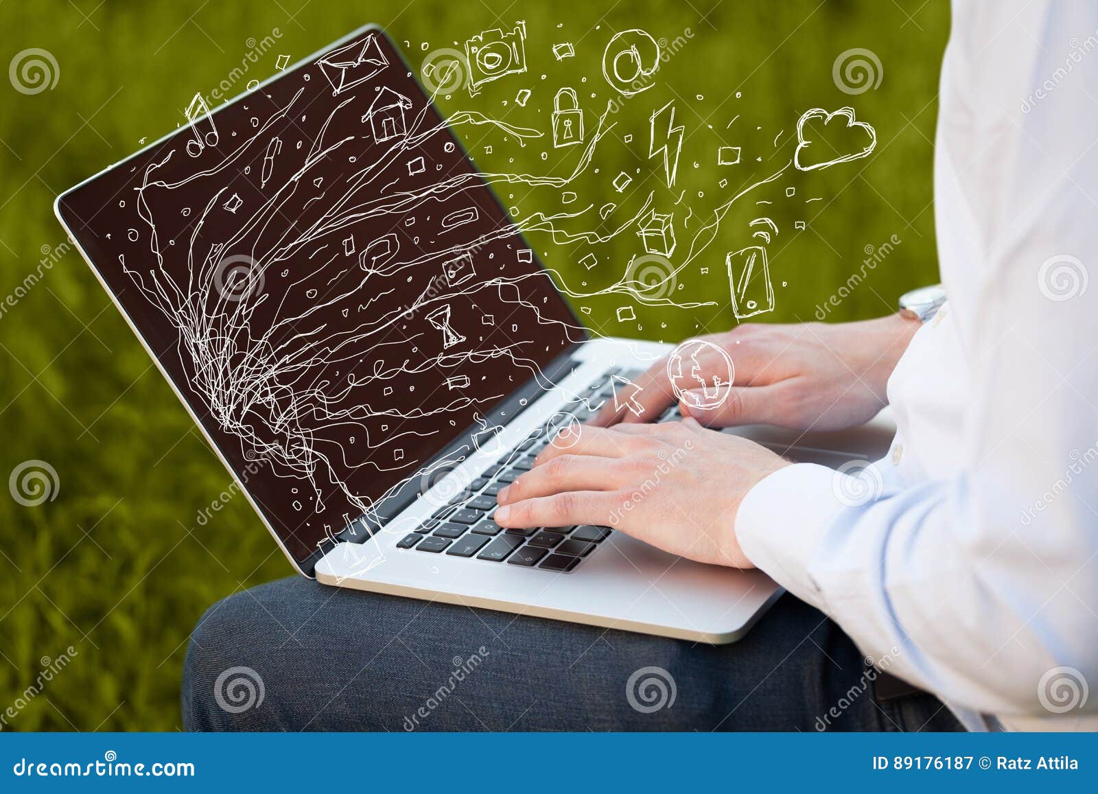 Man Pressing Notebook Laptop Computer with Doodle Icon Cloud Symbols ...