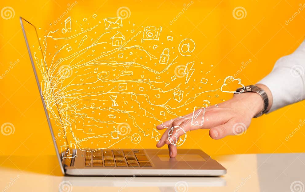 Man Pressing Notebook Laptop Computer with Doodle Icon Cloud Symbols ...
