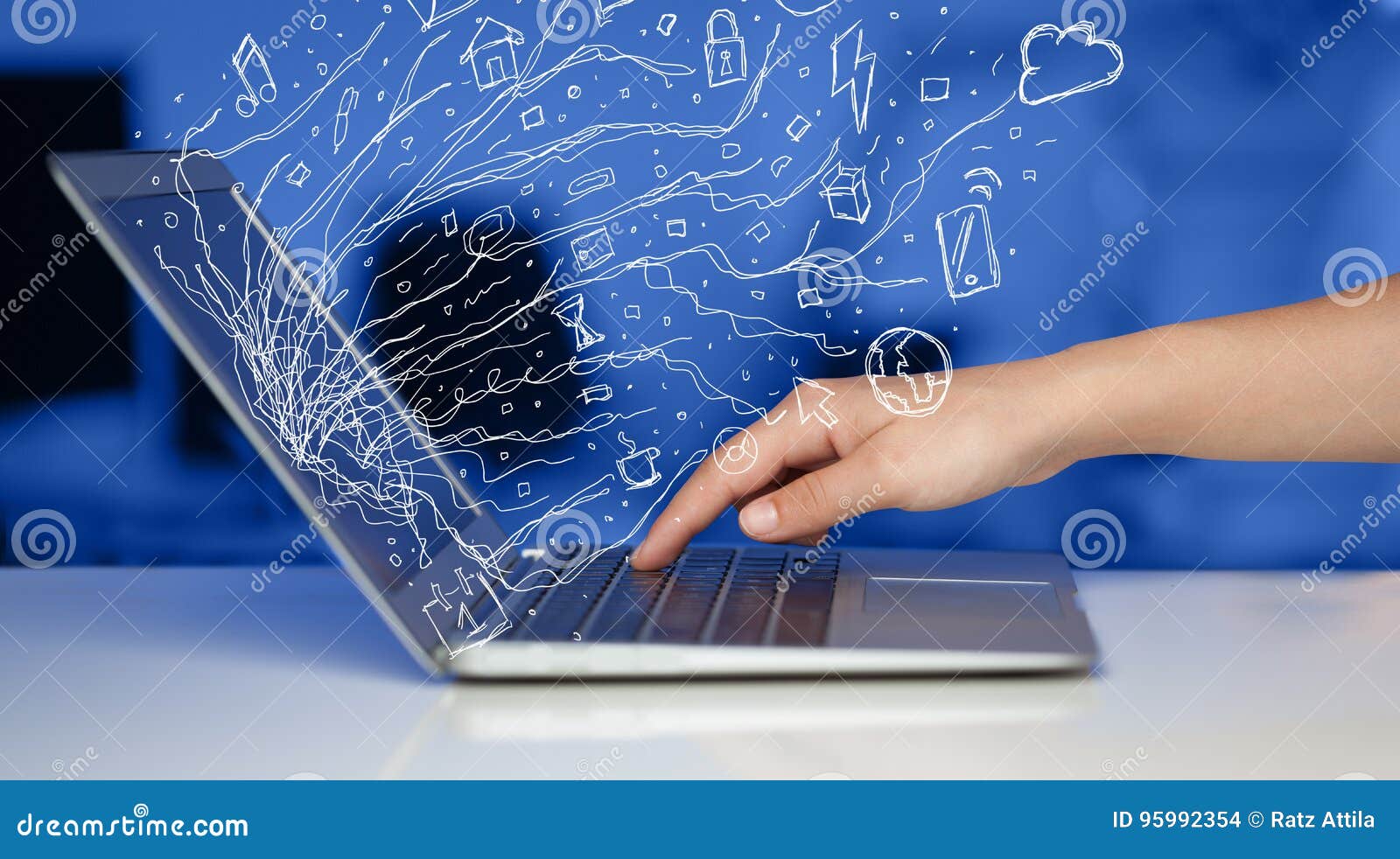 Man Pressing Notebook Laptop Computer with Doodle Icon Cloud Symbols ...
