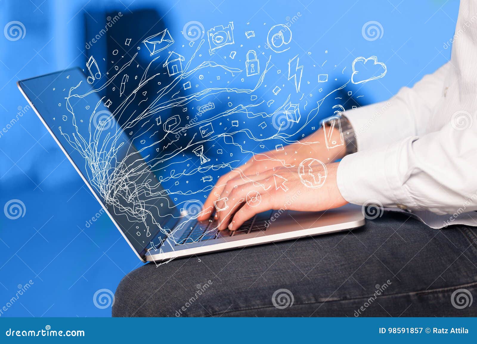 Man Pressing Notebook Laptop Computer with Doodle Icon Cloud Symbols ...