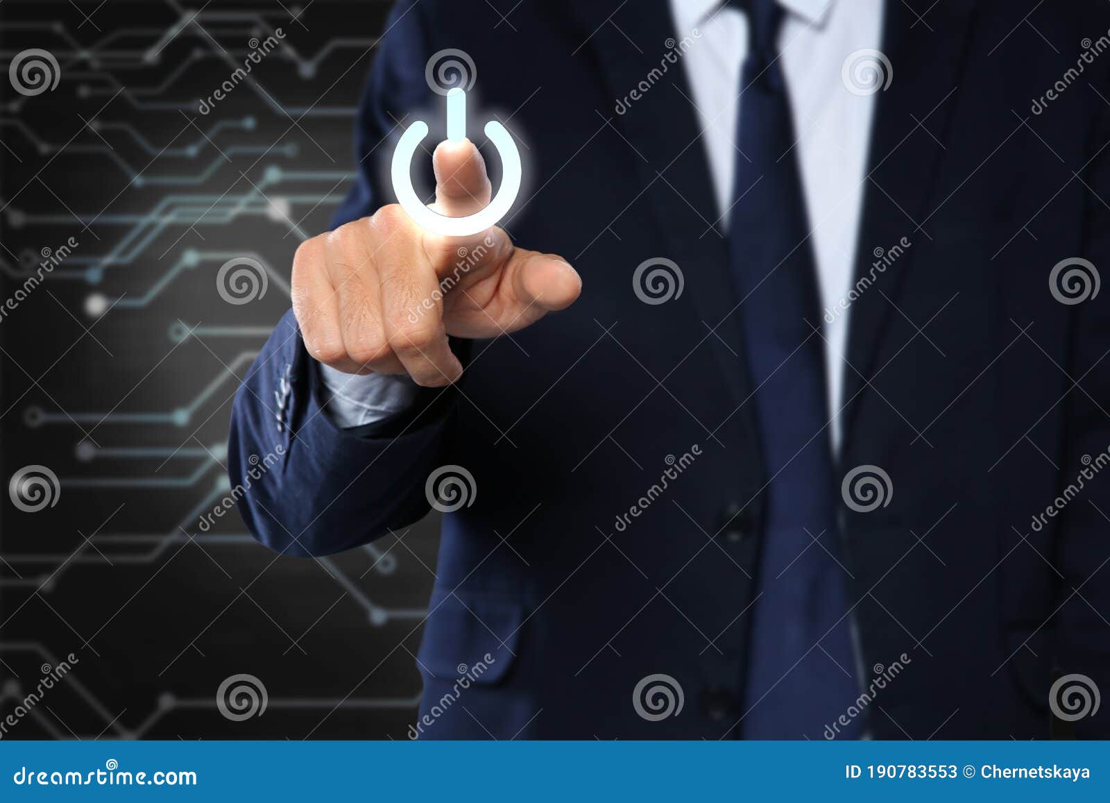 Man Pressing Power Button on Virtual Screen Stock Image - Image of ...