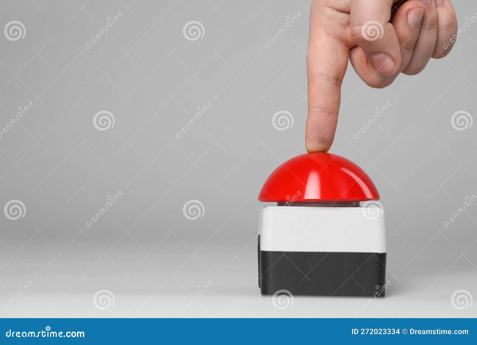 Man Pressing Red Button of Nuclear Weapon on Light Gray Background ...