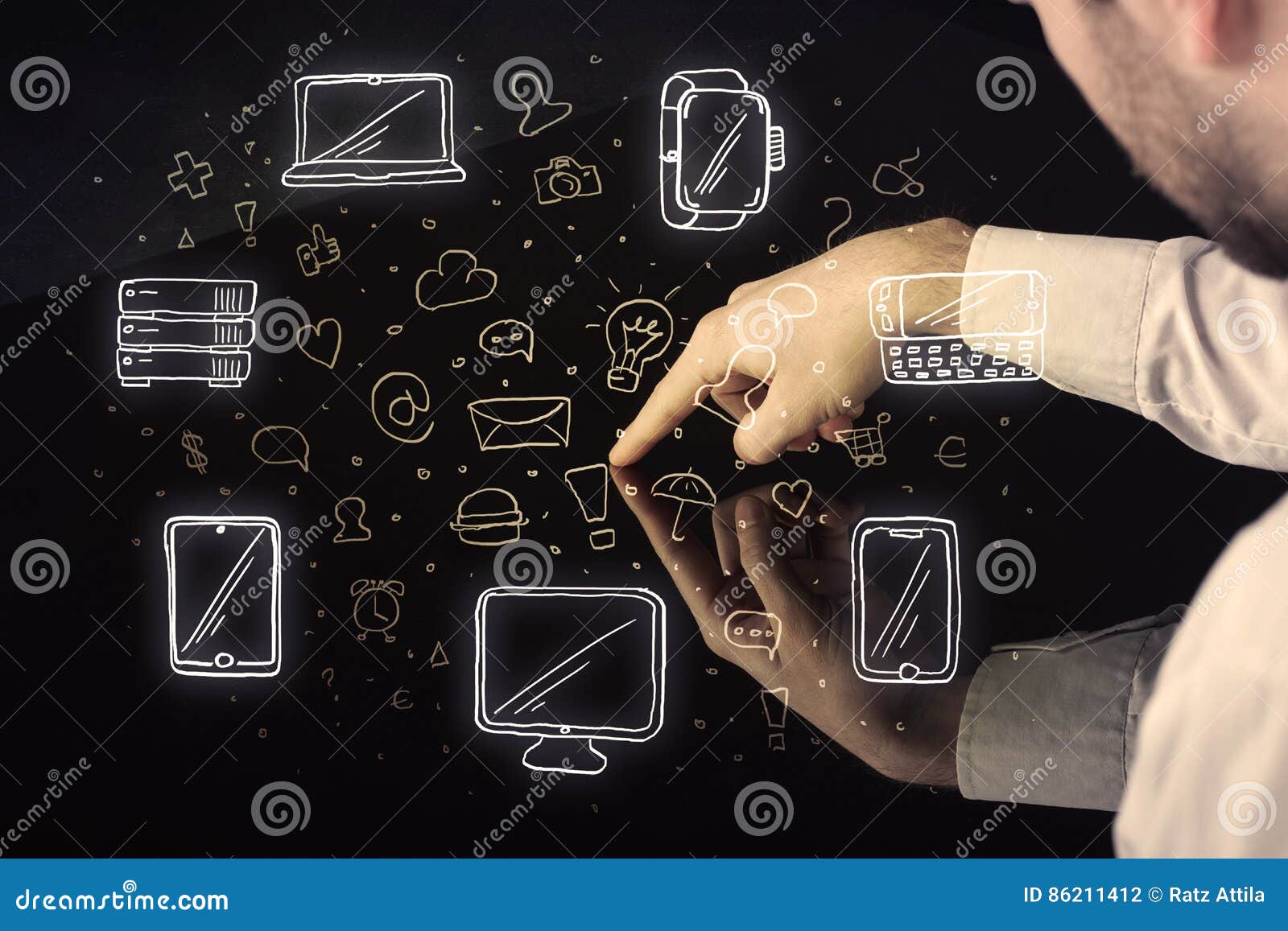 Man Pressing Table Tablet Hand Touch Interface with Media Icons Stock ...