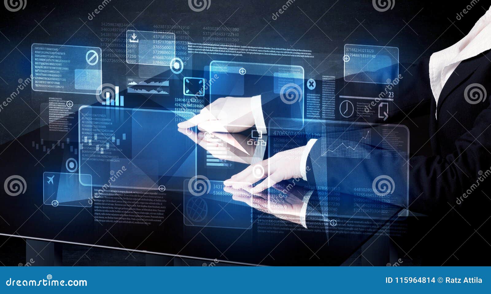 Man Pressing Technology Smart Table Interface Stock Photo - Image of ...