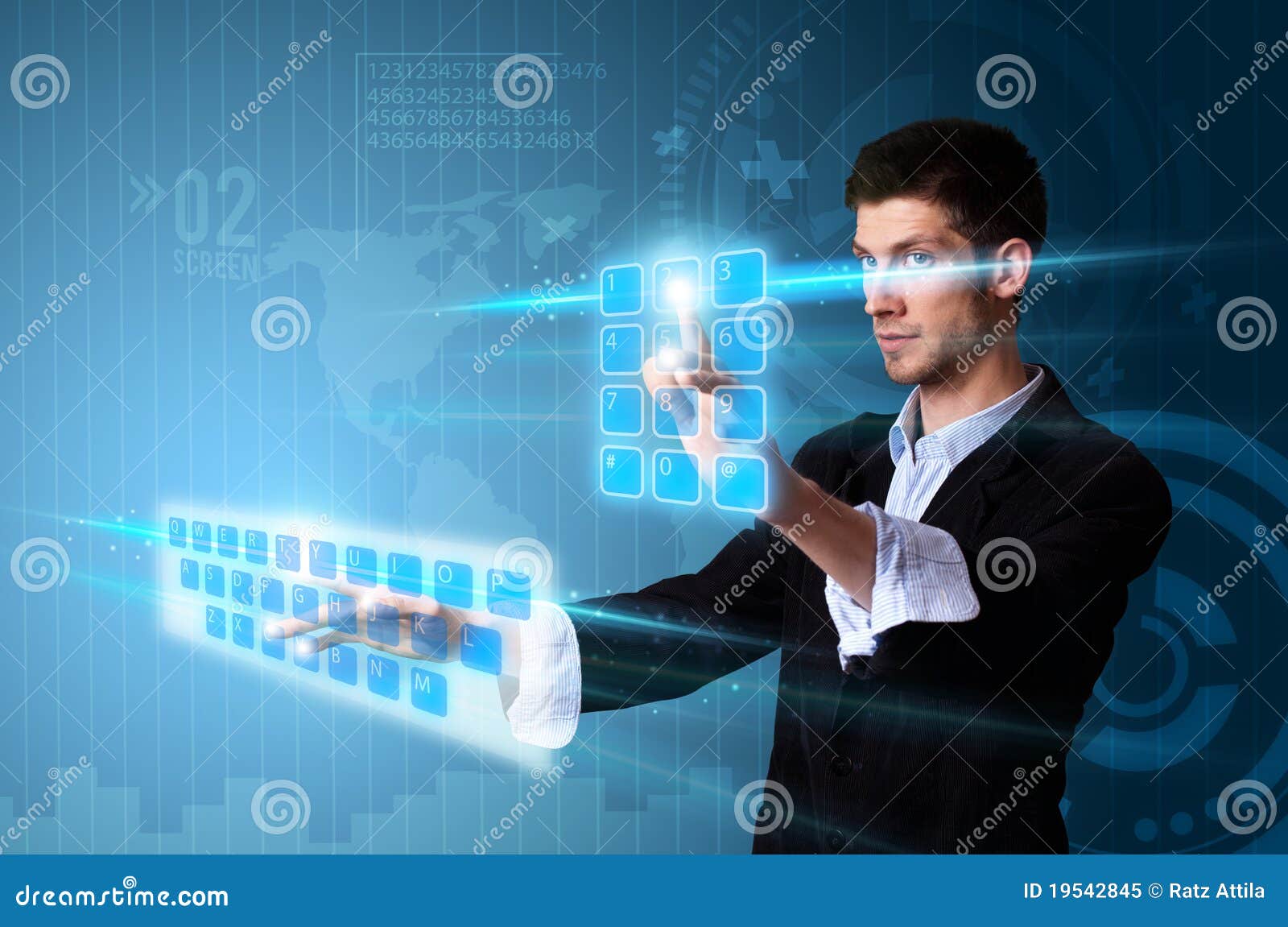 Man Pressing Touch Screen Buttons on Blue Stock Image - Image of global ...