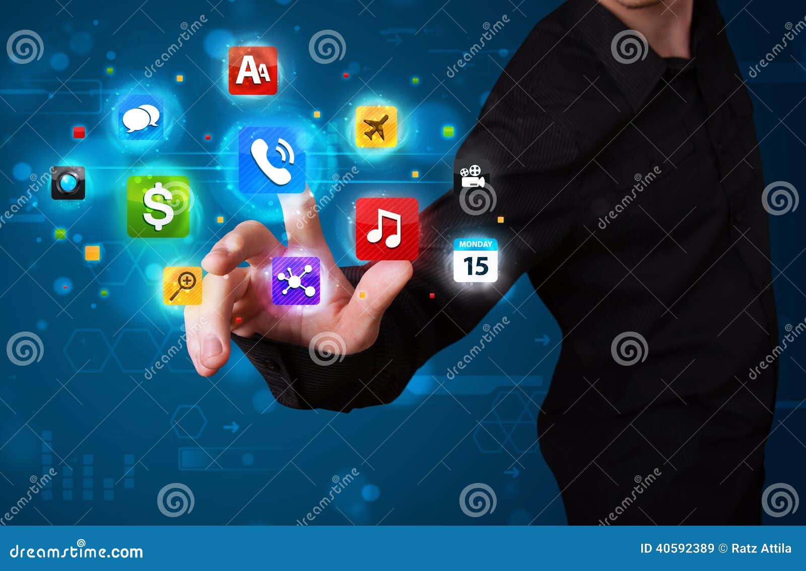 Man Pressing Various Collection of High Tech Buttons Stock Illustration ...