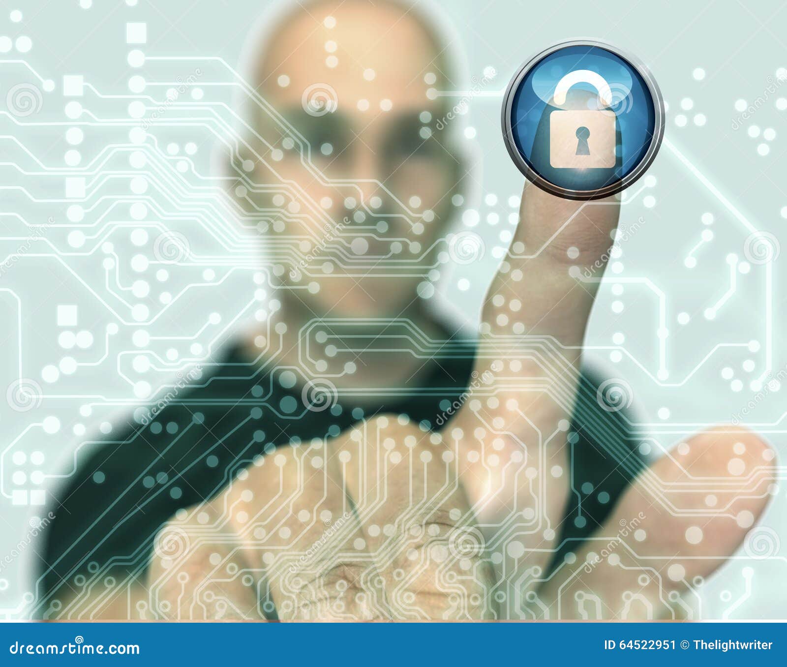 Man Pressing Virtual Computer Screen with Padlock Stock Illustration ...
