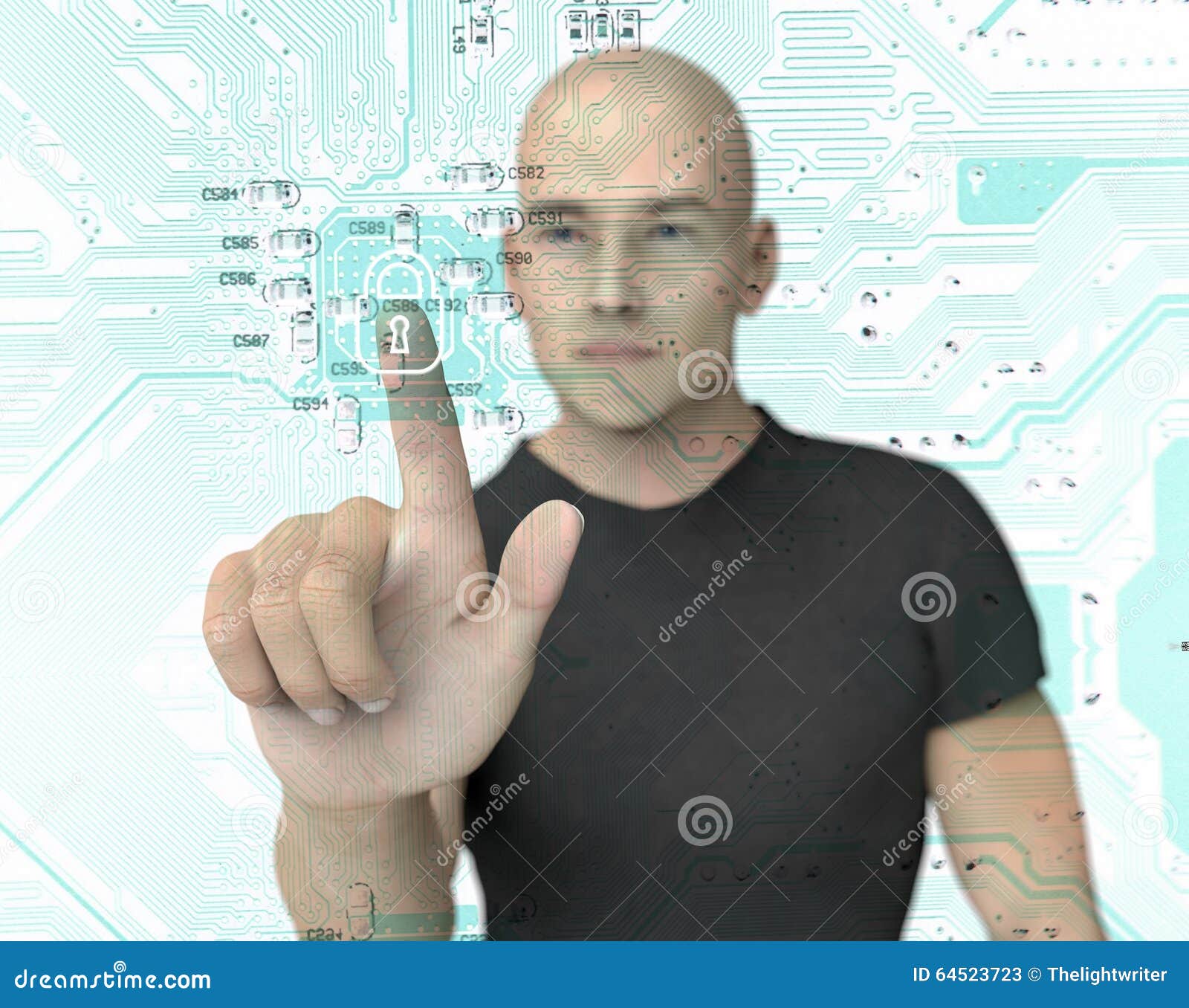 Man Pressing Virtual Computer Screen with Padlock Stock Illustration ...