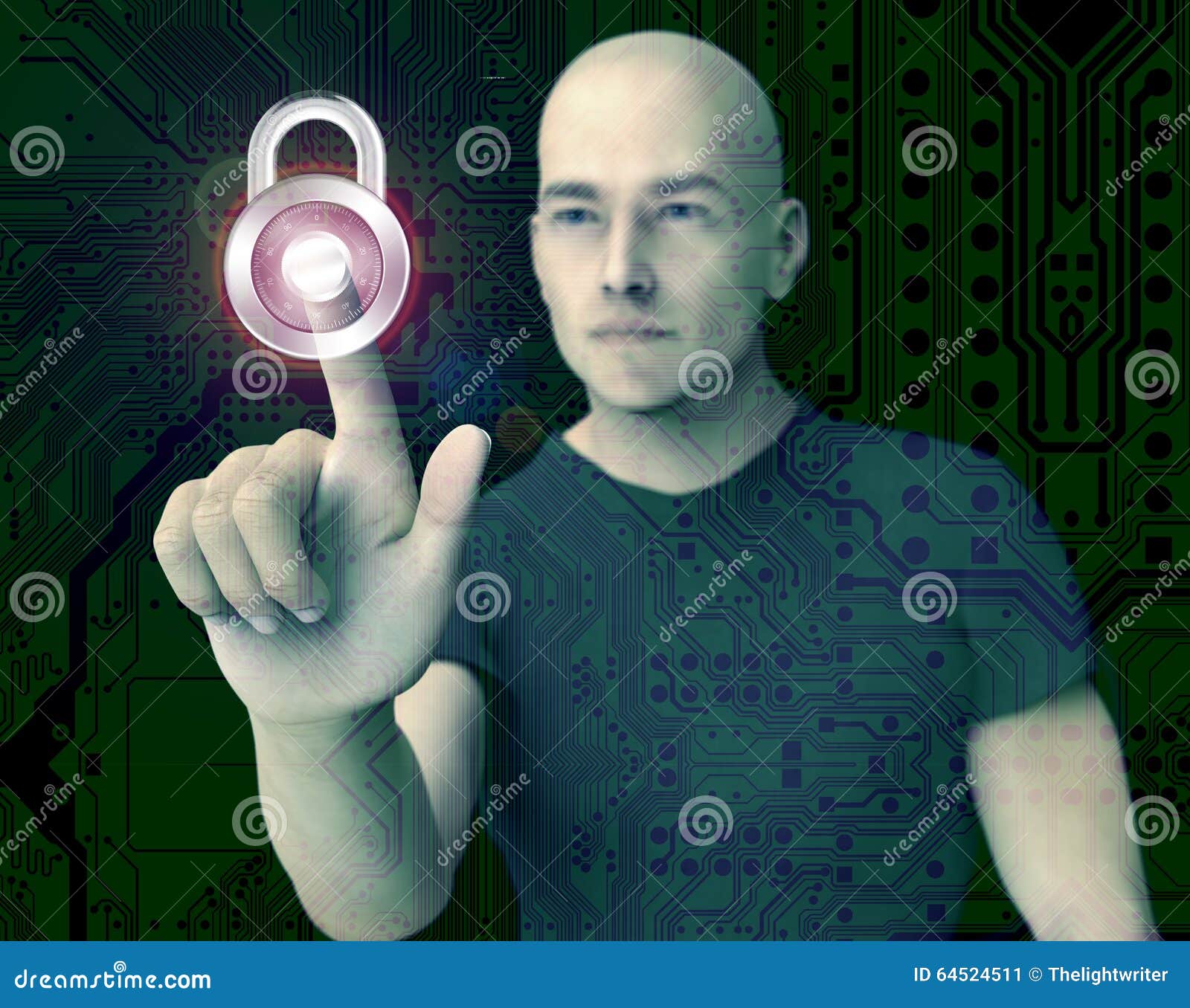 Man Pressing Virtual Computer Screen with Padlock Stock Illustration ...