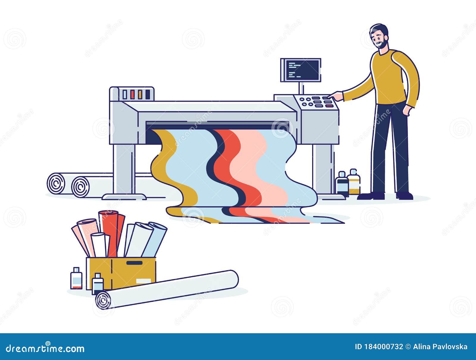 Man Printing at Plotter Wide Format Banner with Coloful Ink. Printshop ...