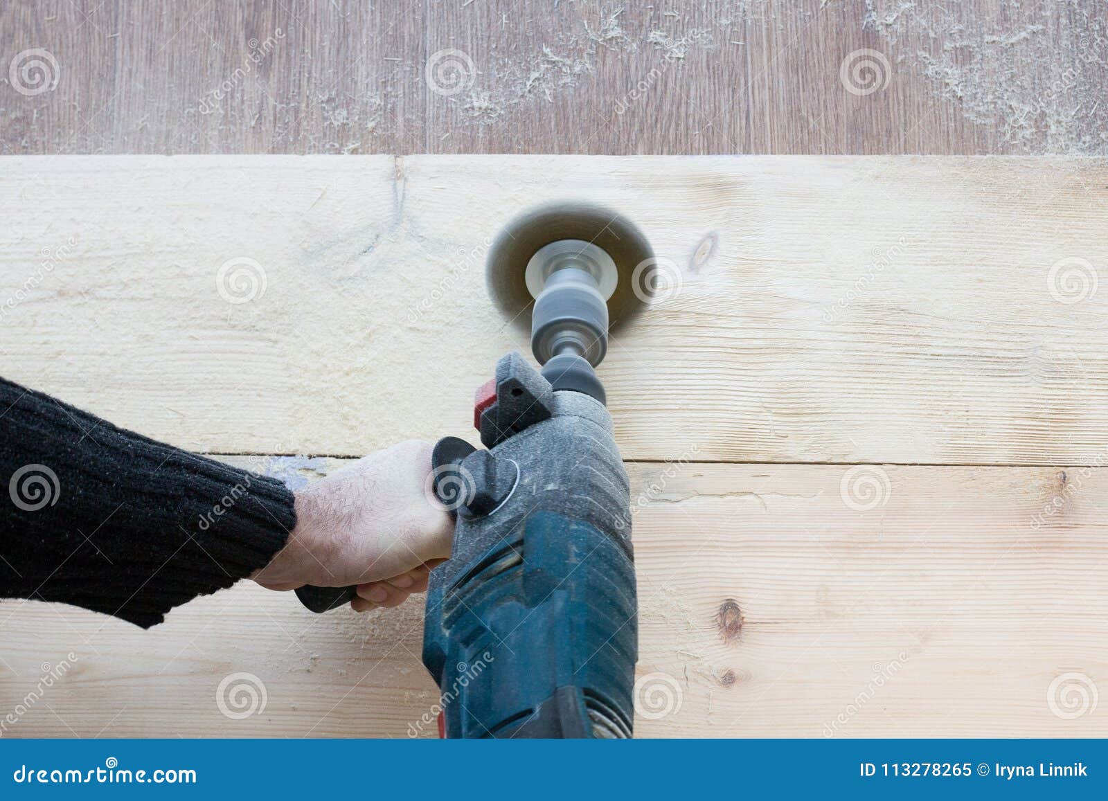 Man Processing the Wood: Grinding it with a Drill. Diy Handmade Work ...