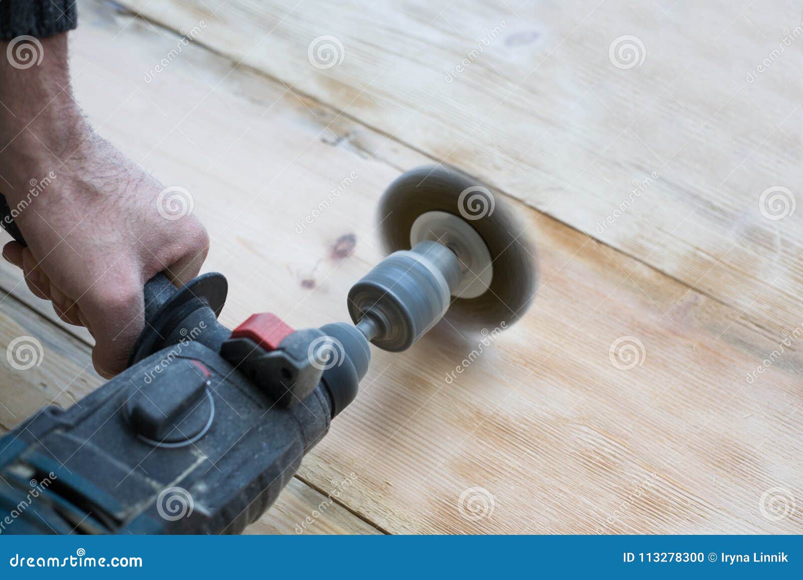 Man Processing the Wood: Grinding it with a Drill. Diy Handmade Work ...