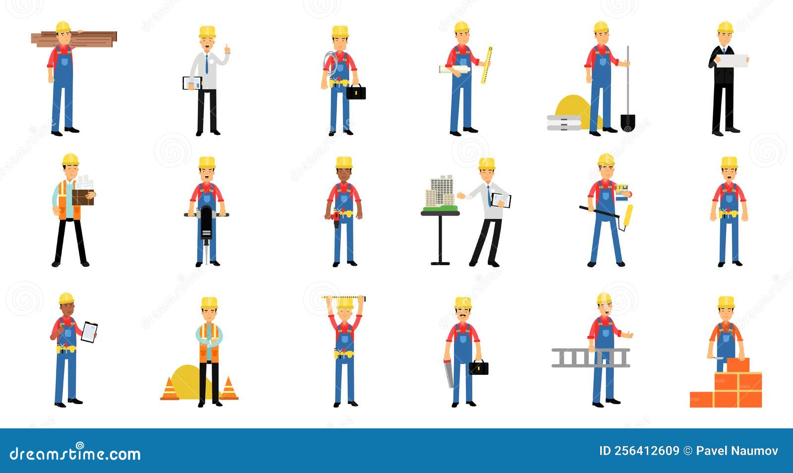 Man Professional Builder Character in Hard Hat and Overalls Working on ...