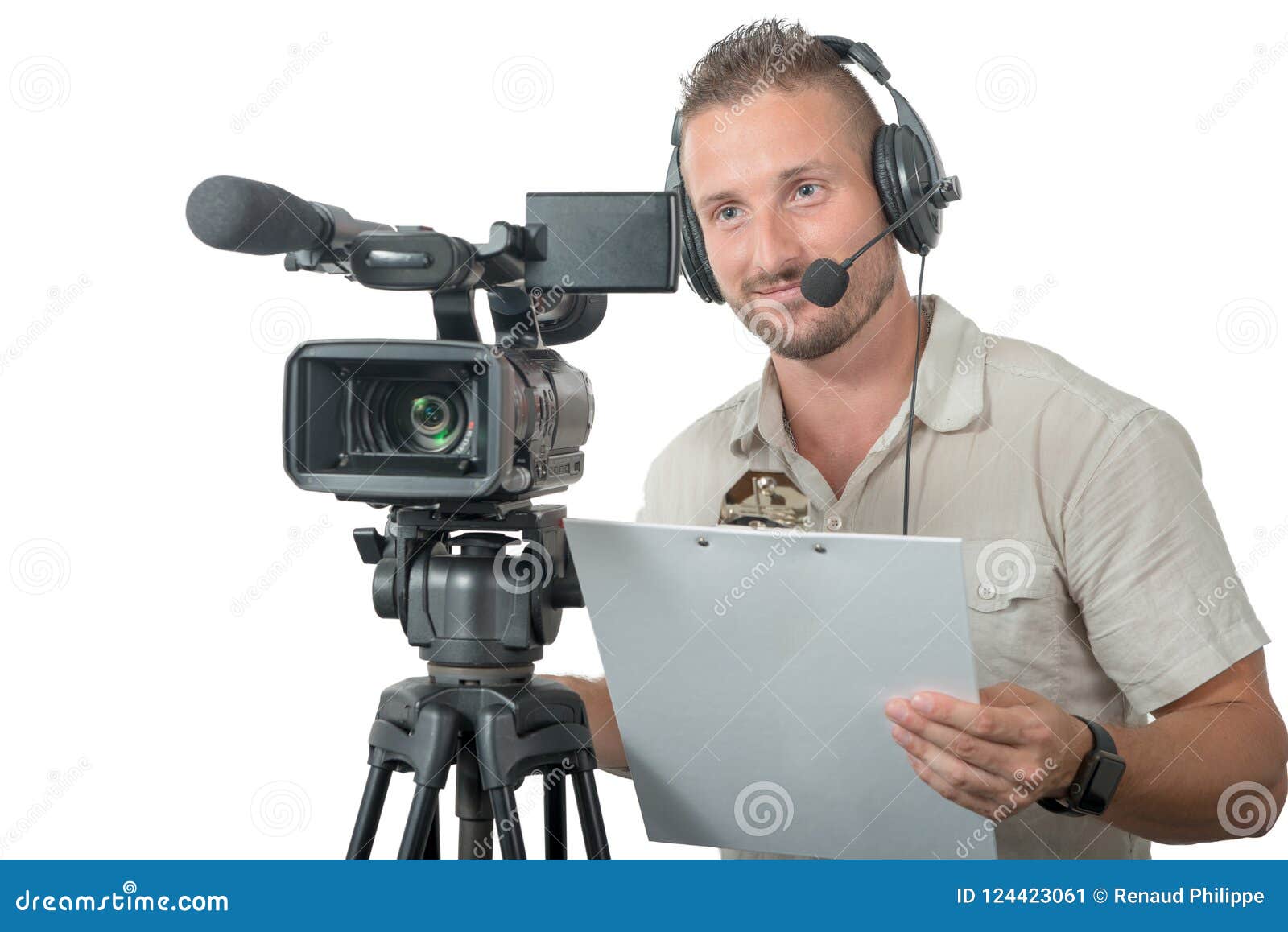 Man with Professional Camcorder Isolated on White Background Stock ...