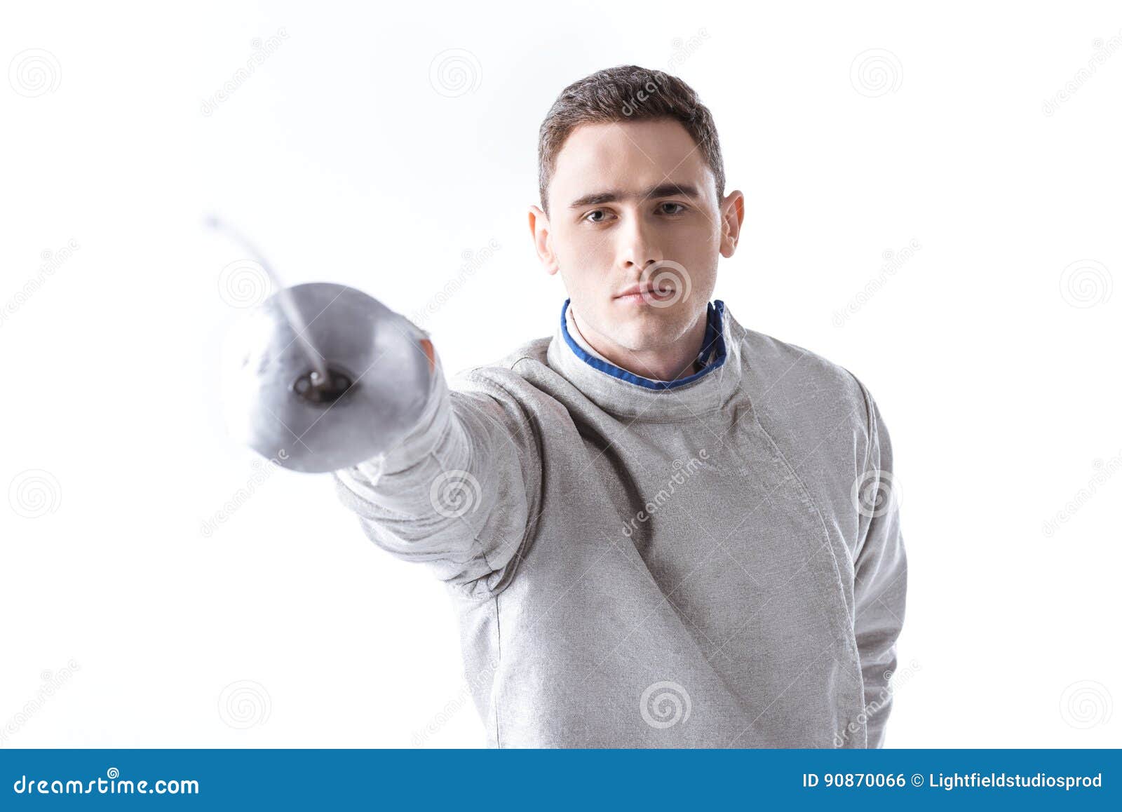 Man Professional Fencer Practicing in Fencing with Rapier on White ...