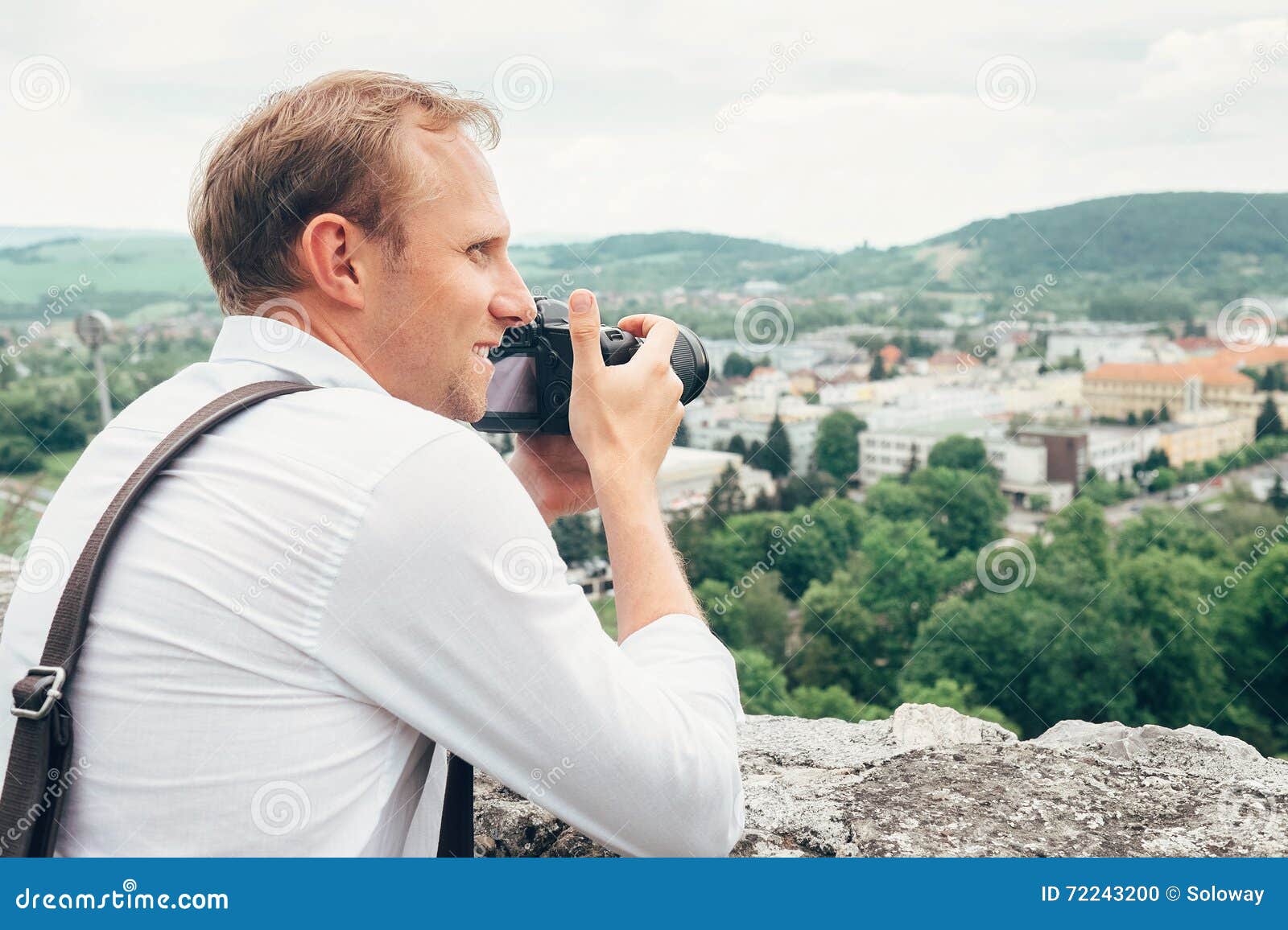 Man with Professional Photo Camera Take Landscape Picture Stock Photo ...