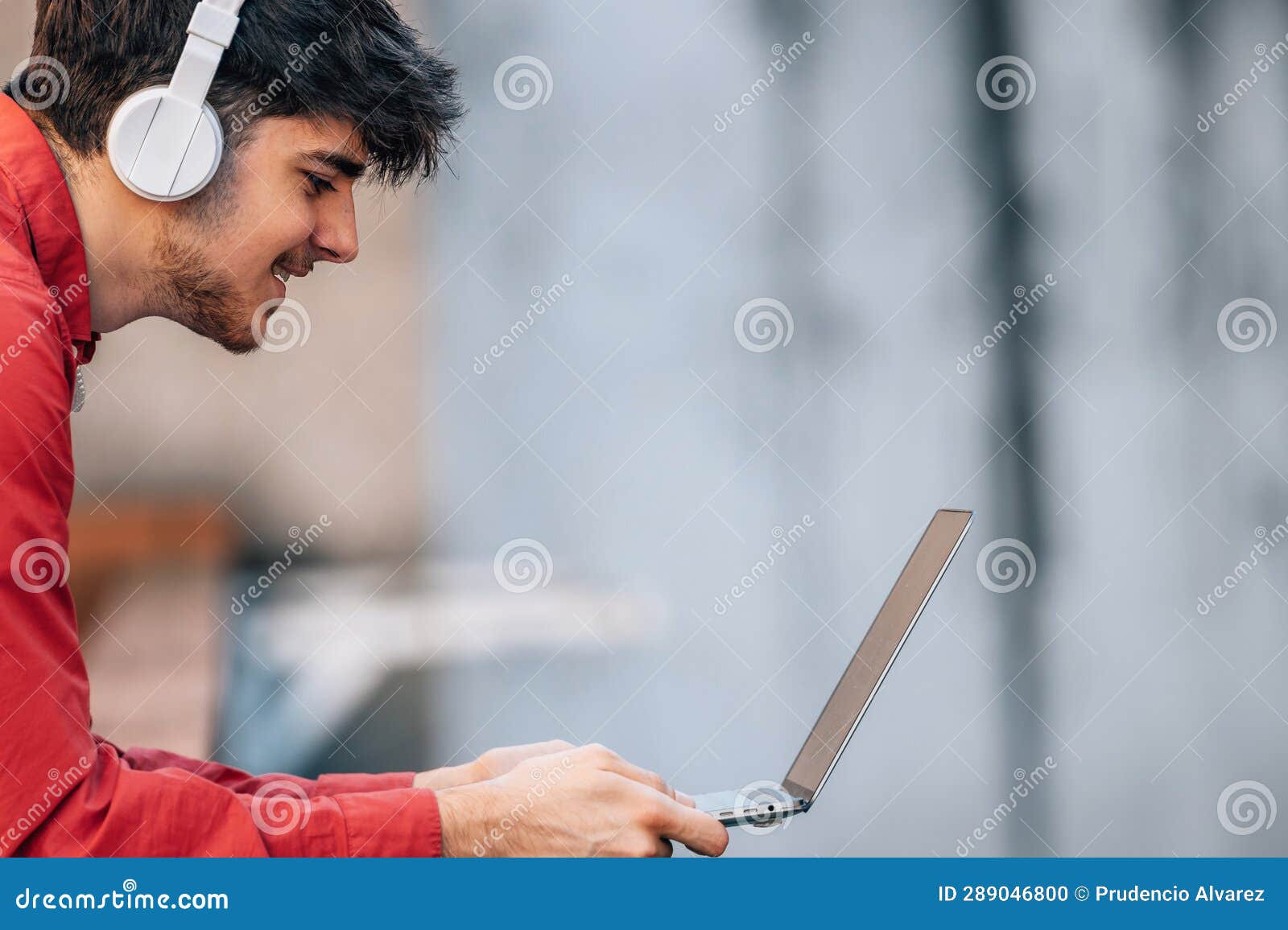 Man in Profile with Headphones and Laptop Stock Photo - Image of social ...