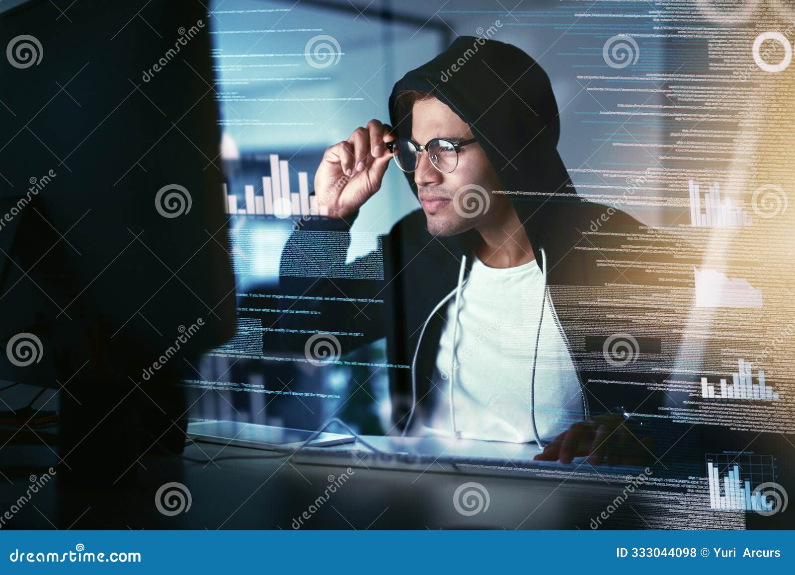 Man, Programmer and Computer Code at Night for Firewall, Breach and Access in Cyber Security ...