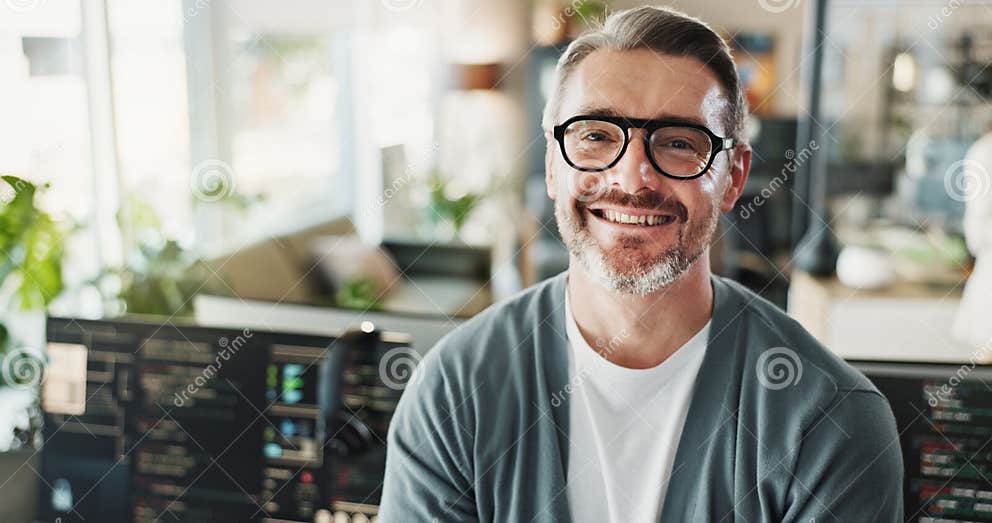 Man, Programmer and Glasses in Agency for Portrait, Web Development or ...