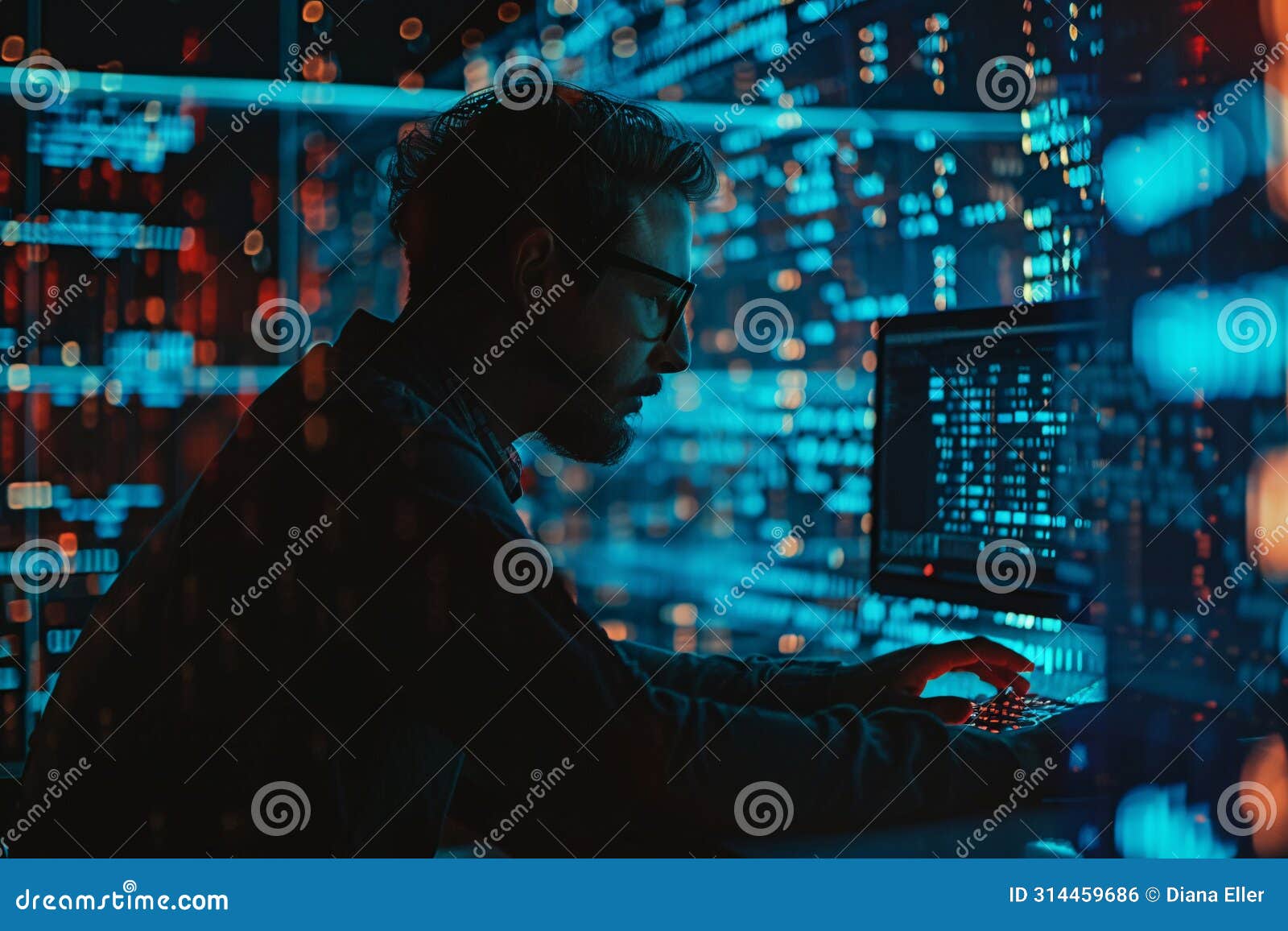 Man Programmer Or Hacker Using Computer In Dark Office Stock Illustration Illustration Of