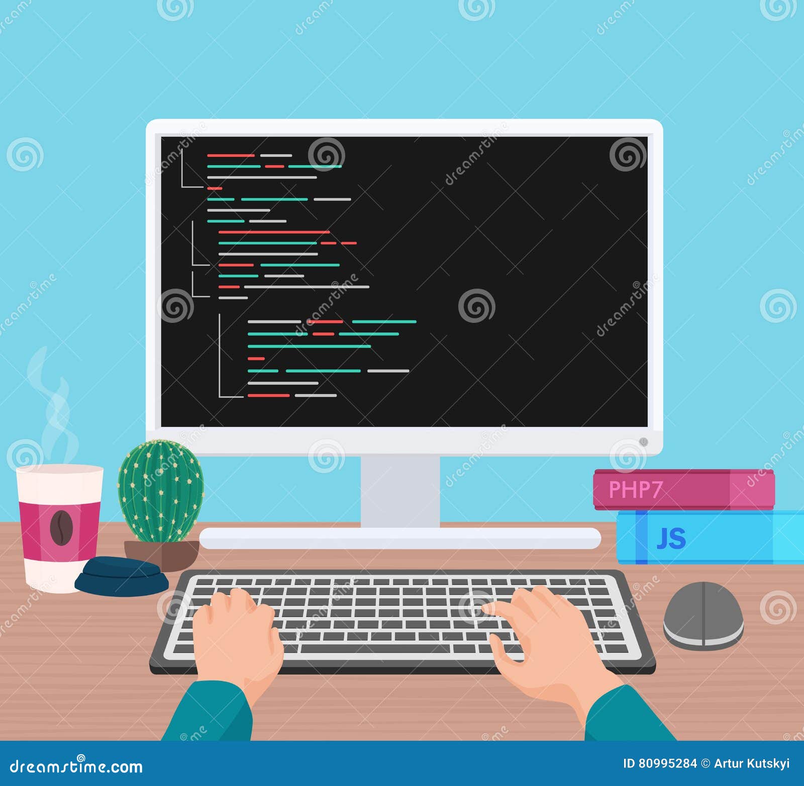 Man Programmer Hands Working On His Pc Computer Coding And Programming Head Monitor View