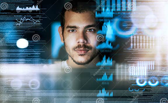 Man, Programmer and Hologram in Night for Coding, Ui or Big Data ...