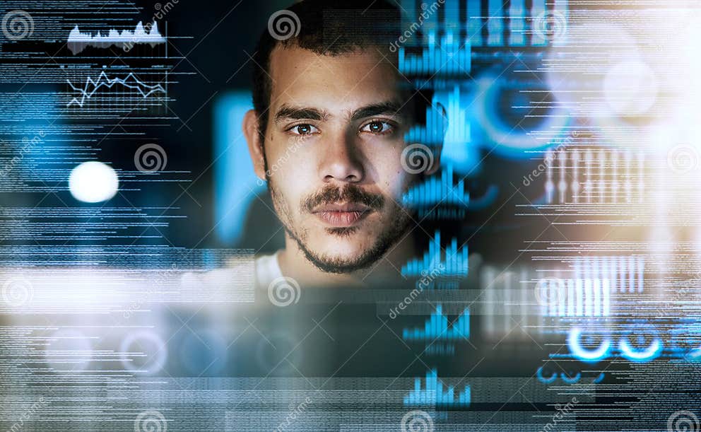 Man, Programmer and Hologram in Night for Coding, Ui or Big Data Analysis with Graphs, Stats and ...