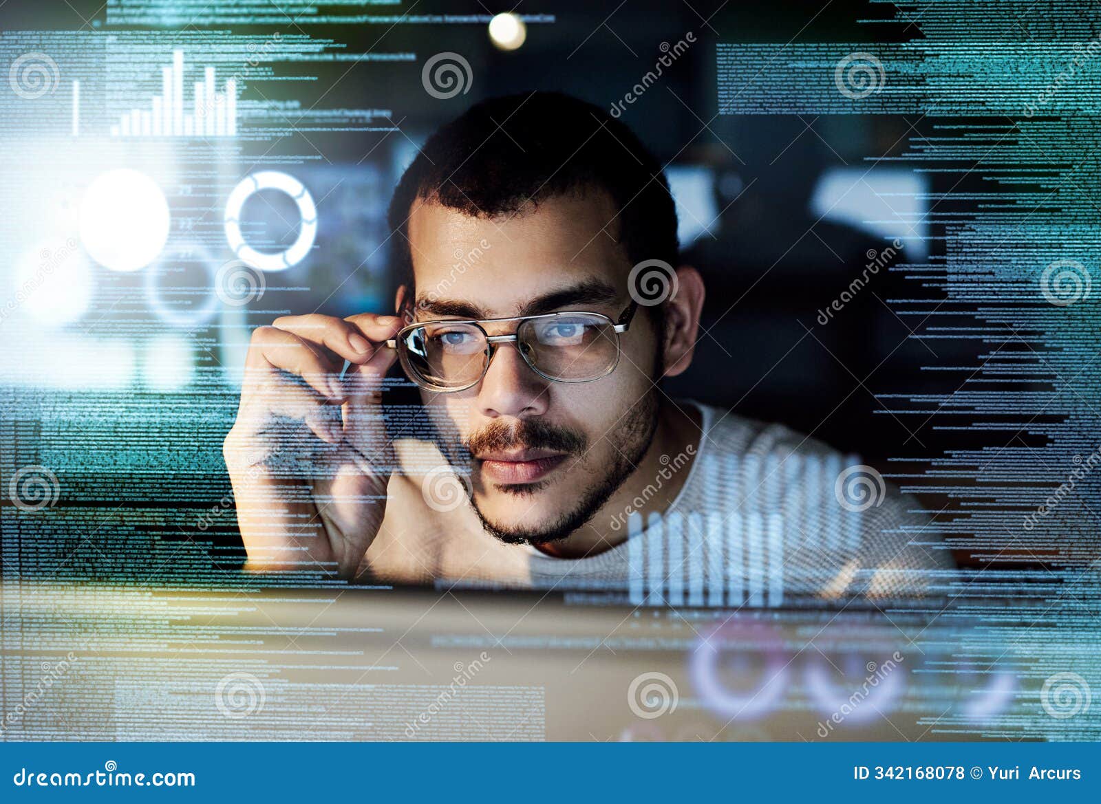 Man, Programmer and Hologram in Night with Computer, Ui or Big Data Analysis with Graphs, Stats ...