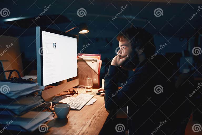 Man, Programmer and Night with Computer, Thinking and Stress for Glitch, Screen and Coding Error ...