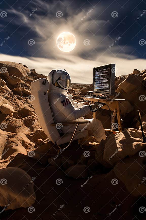 A Man Programmer In A Spacesuit Coding Using A Laptop Computer On The 9441